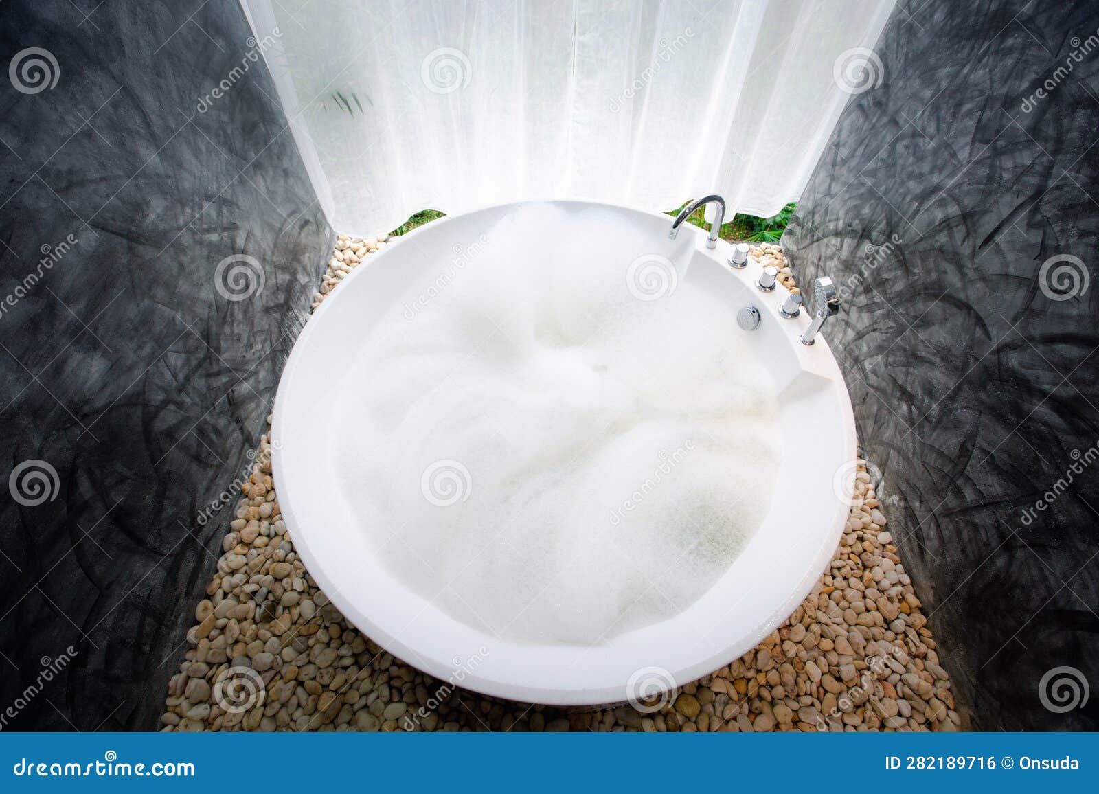Circle Bathtub Full with Bath Foam in Bathroom Stock Photo - Image of ...