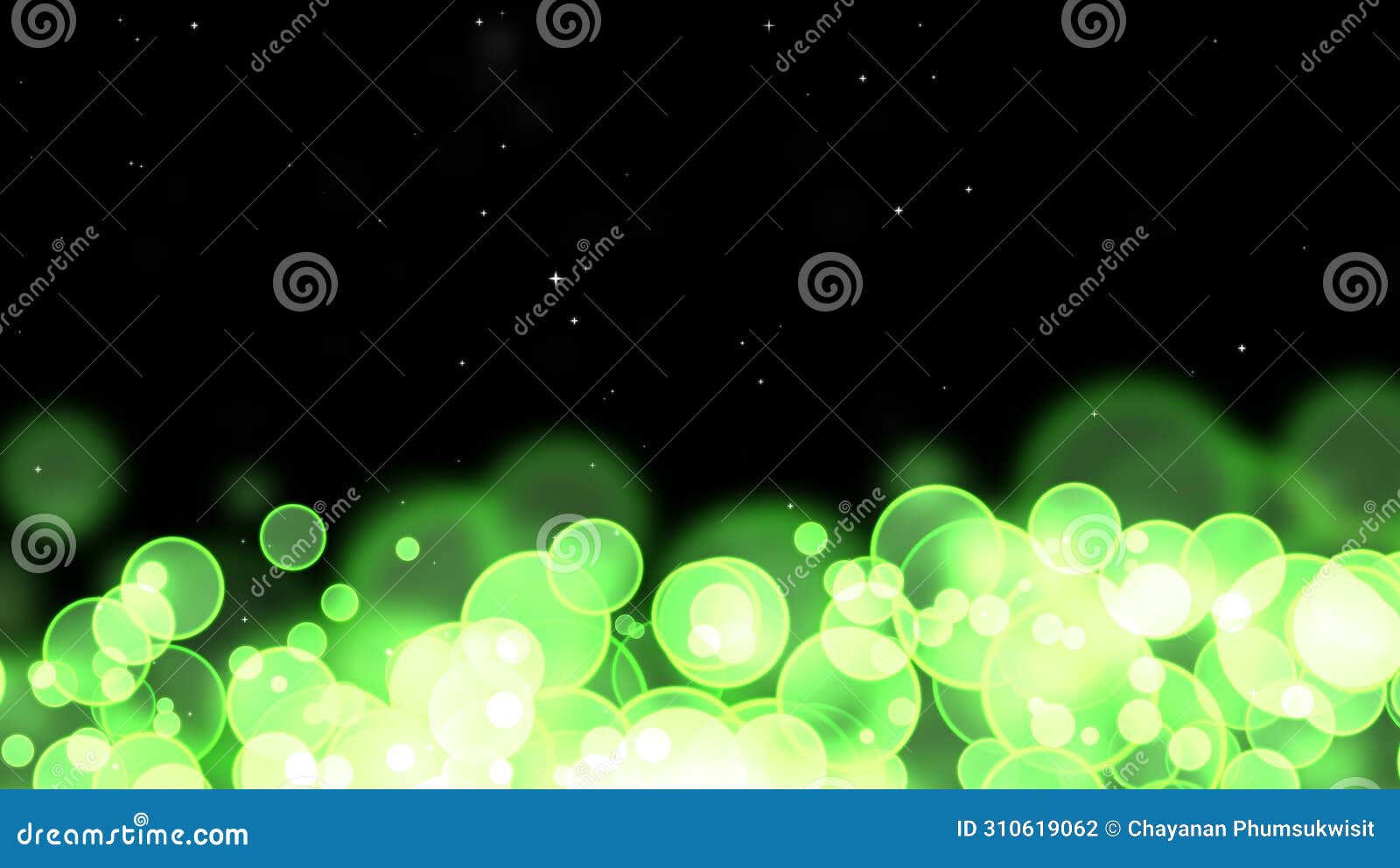 Circle Bubles Glow Green Random Size White Stars on Black Isolated ...