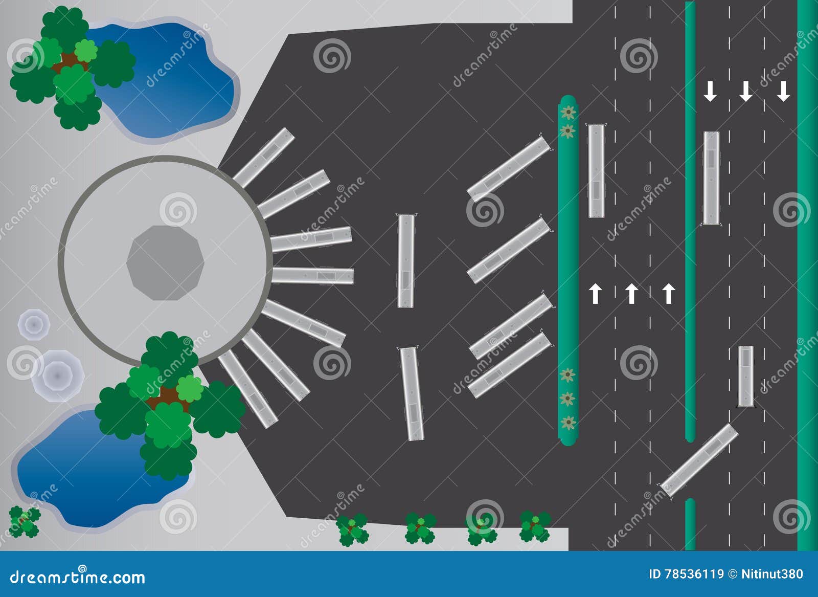 Circle Building Bus Station Landscape Stock Illustration - Illustration ...