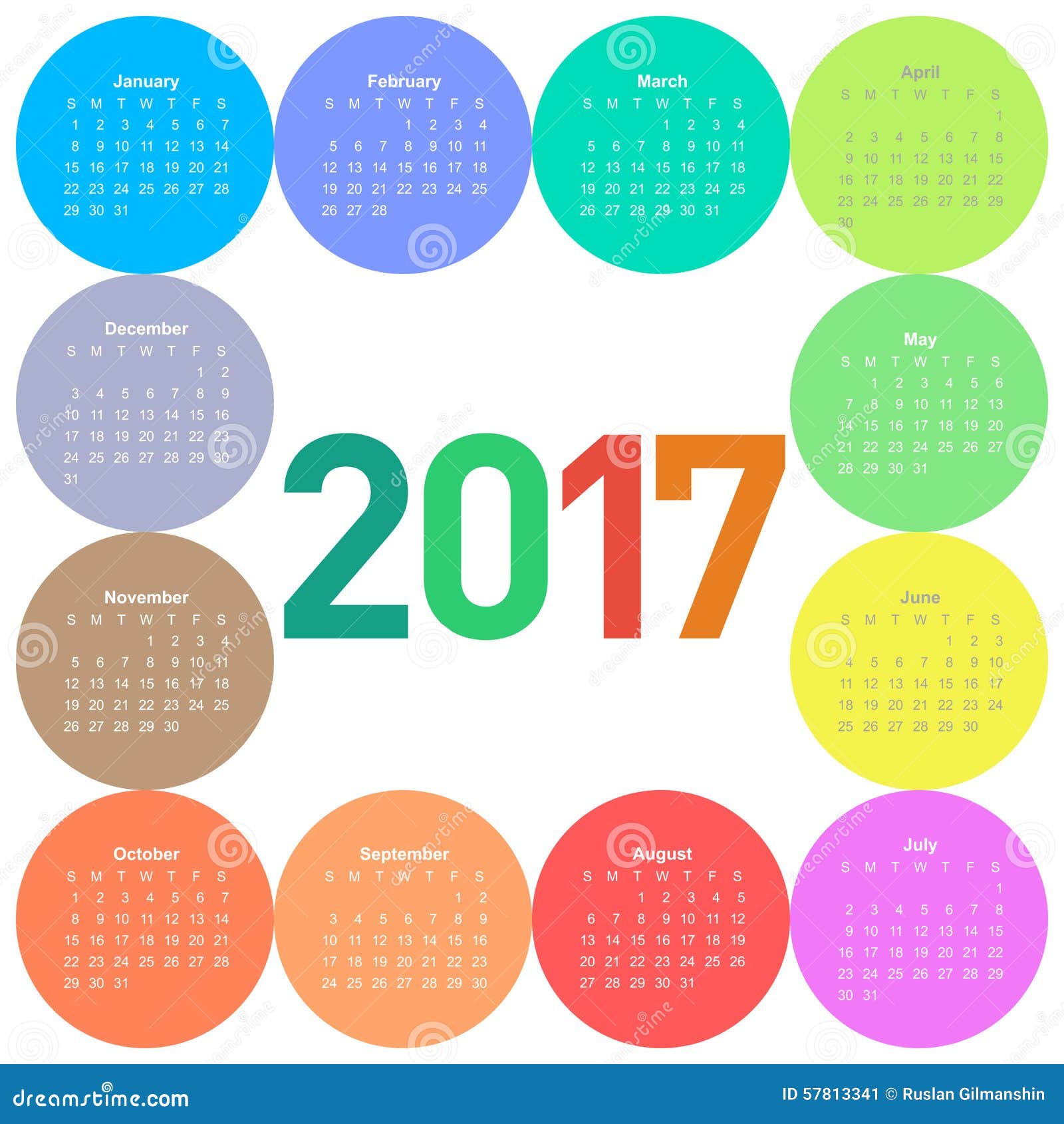 Circle Calendar for 2017 Year Stock Vector - Illustration of colorful ...