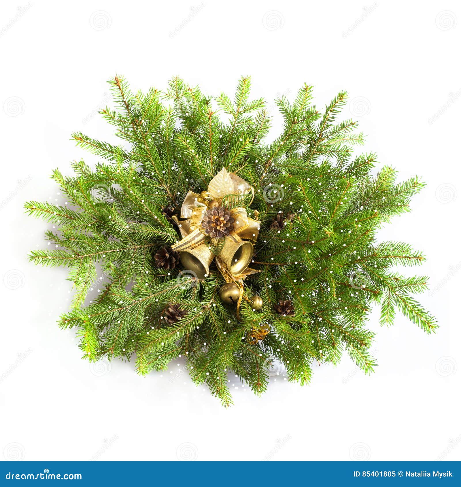 Circle of Christmas Tree Branches Bells and Snow. Stock Image - Image ...