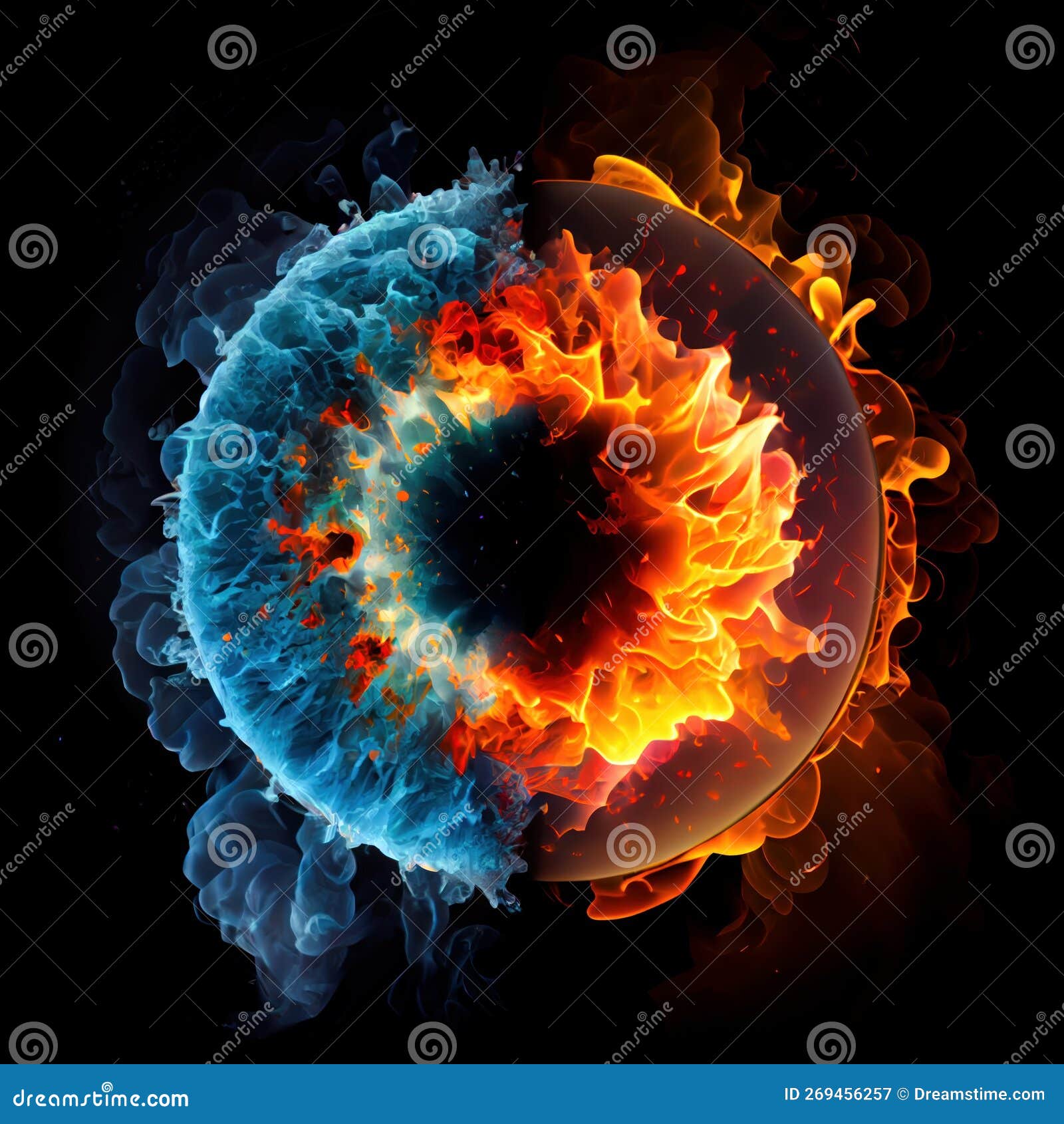 A Circle in the Clash of Ice and Fire on Black Background. Stock ...