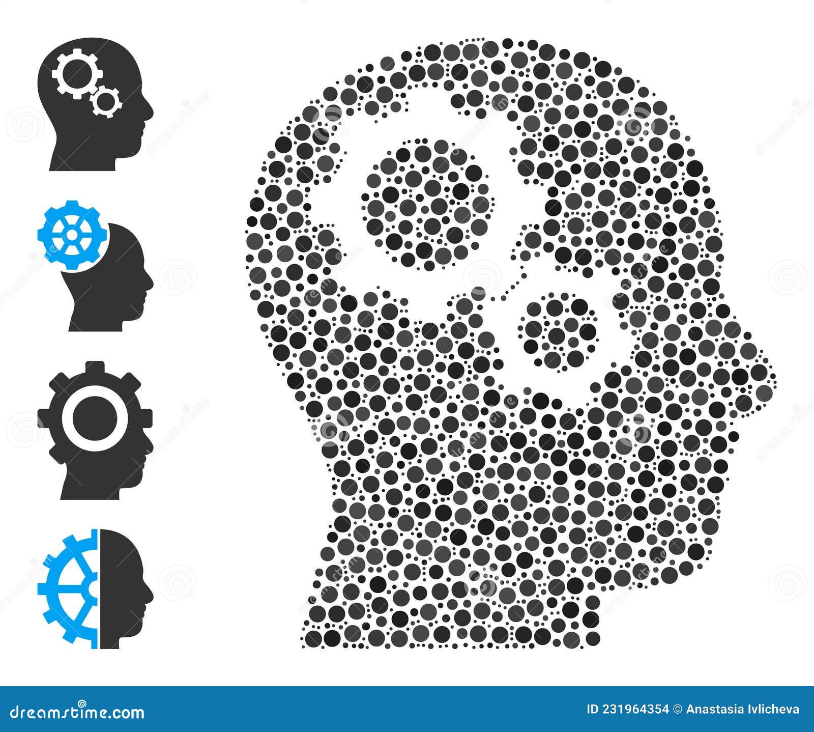 Dotted Brain Gears Composition of Round Dots with Similar Icons Stock ...