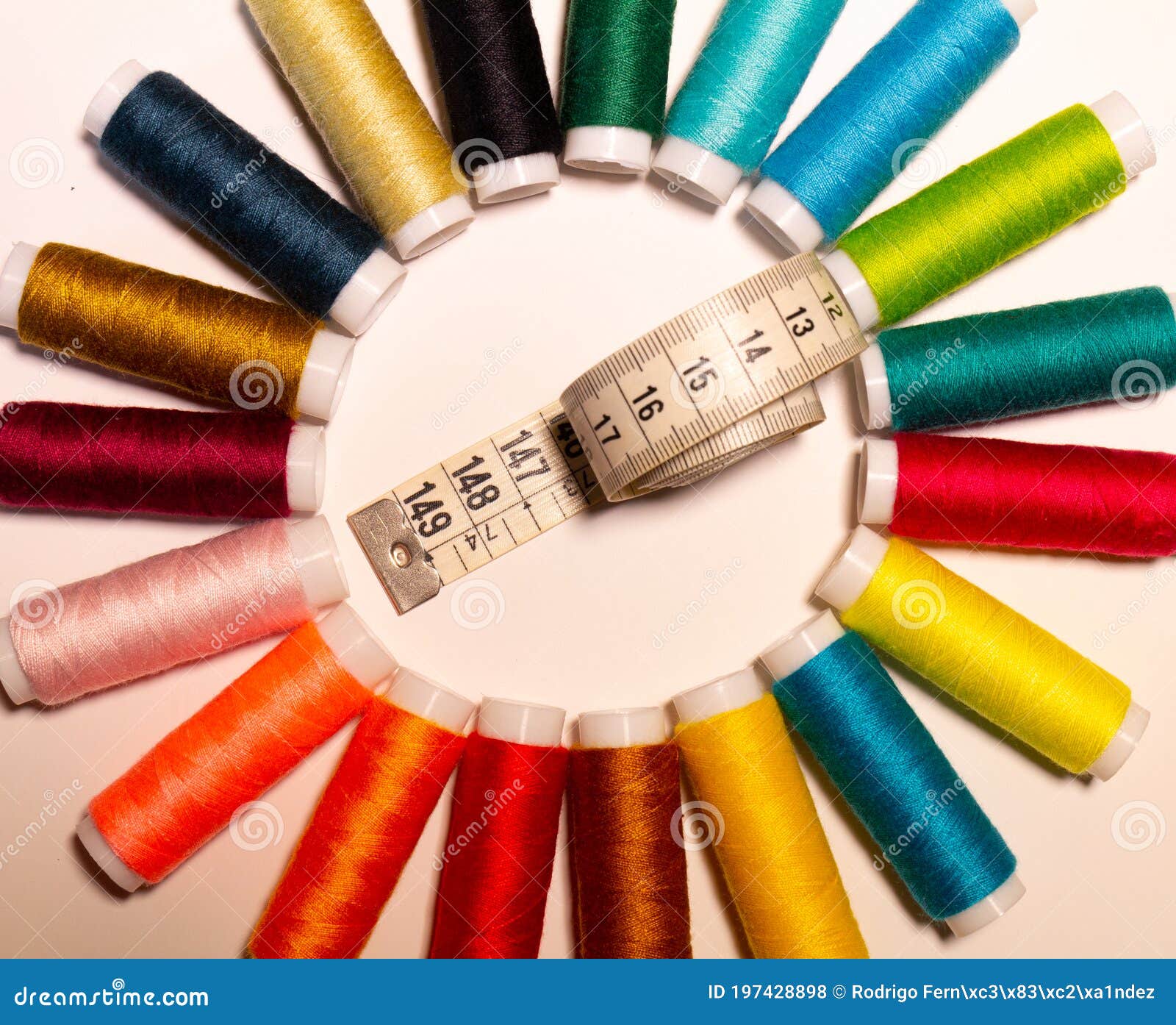 Circle of Color Sewing Threads on White Background with a Measuring ...