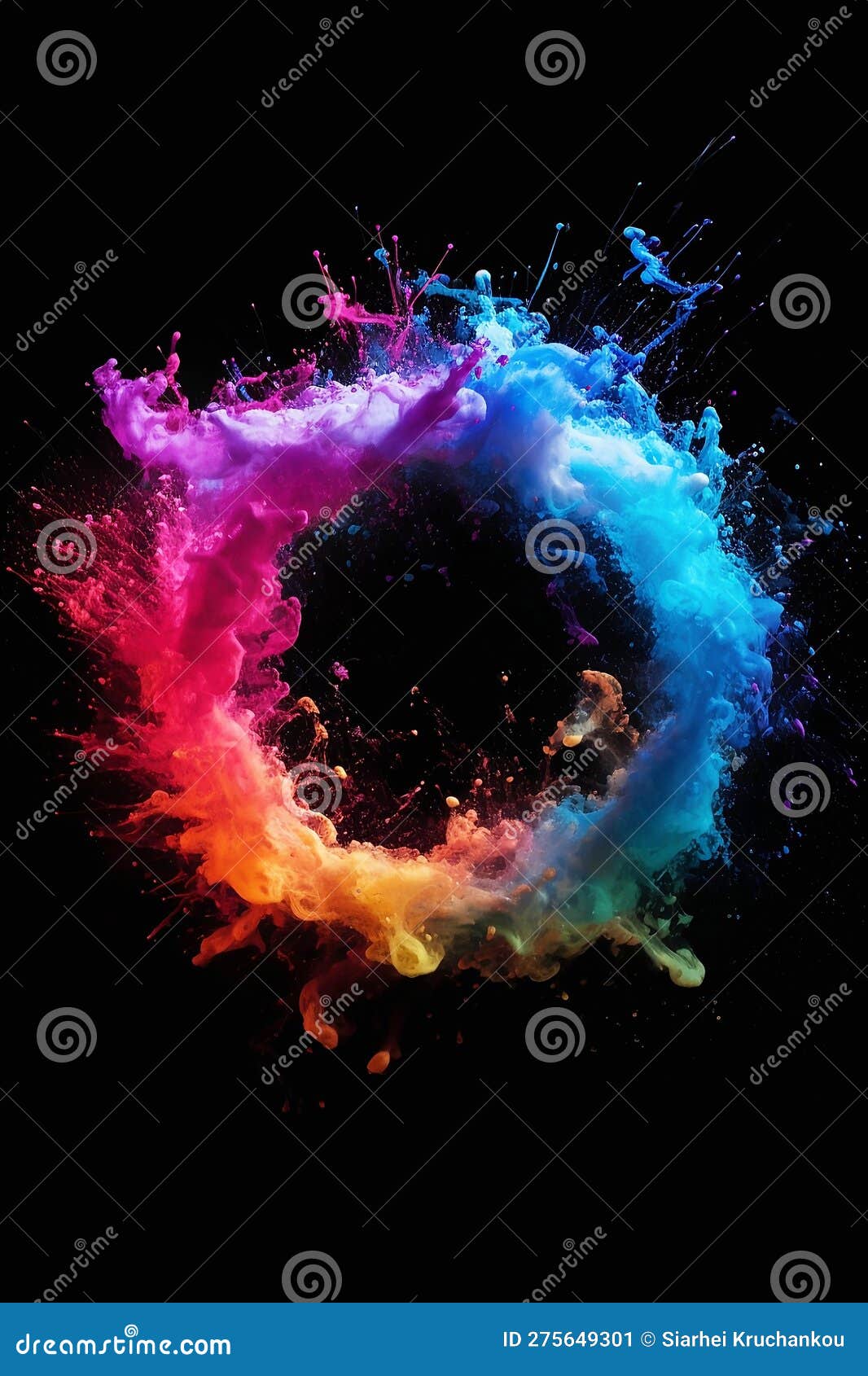 Circle of Colorful Explosions of Smoke on Black Background Stock ...