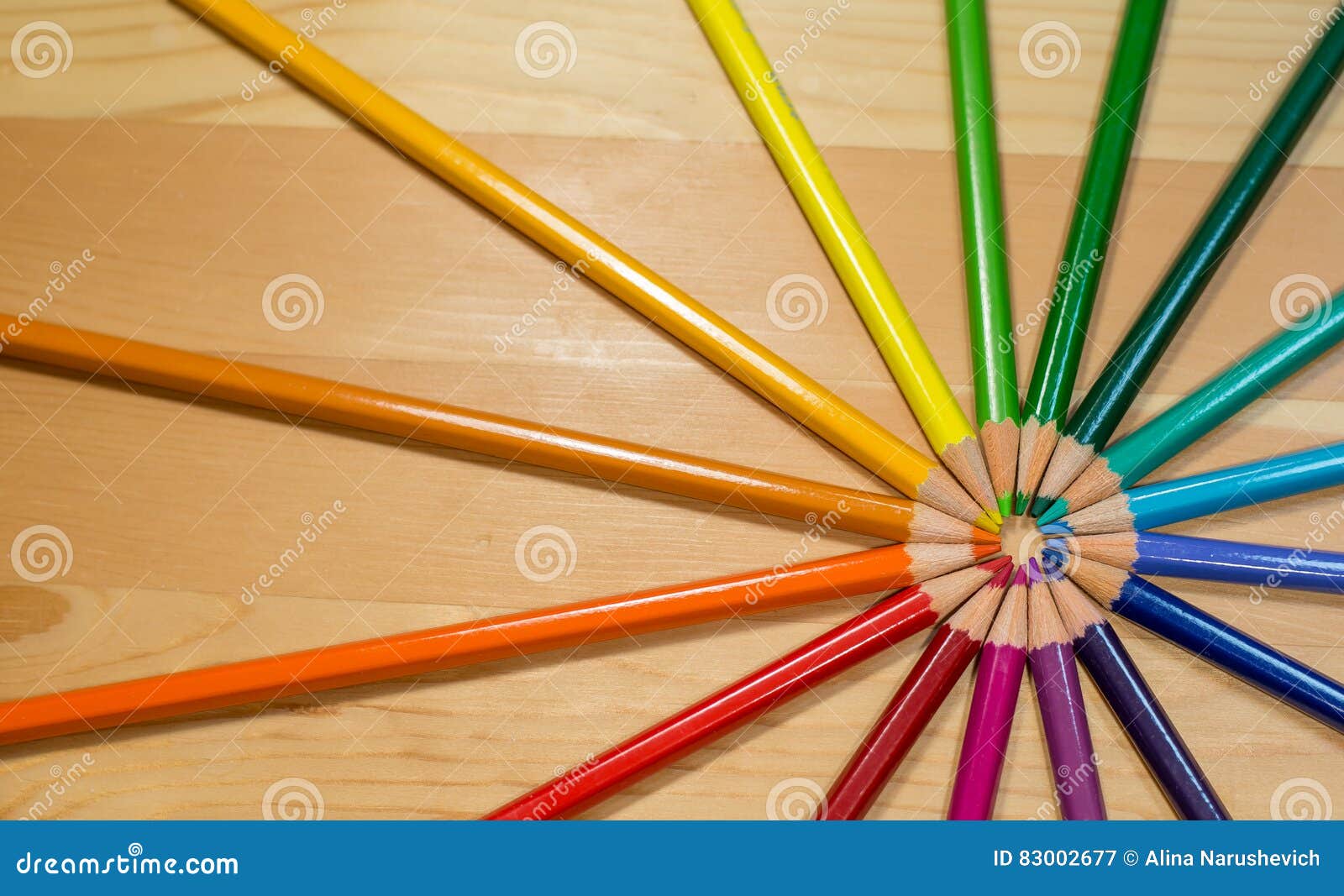 Circle of Colorful Pencils Rainbow Order on Wooden Table Stock Image ...