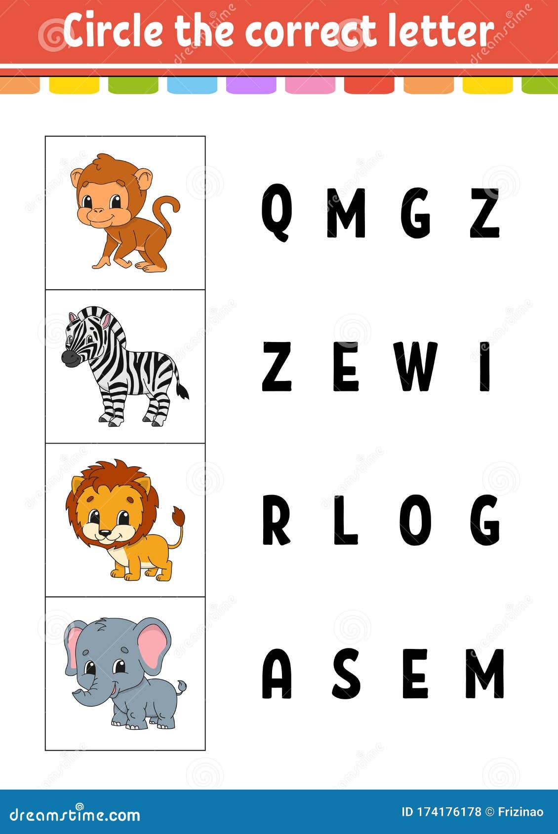 Circle The Correct Letter. Zebra, Monkey, Lion, Elephant. Education ...