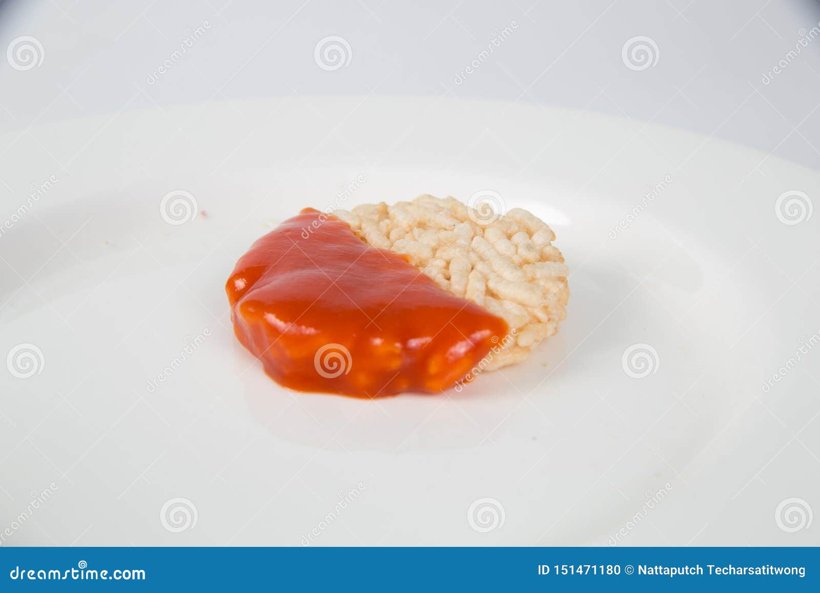 It is Circle Crispy Rice with Tomato Sauce Isolated on White Stock ...