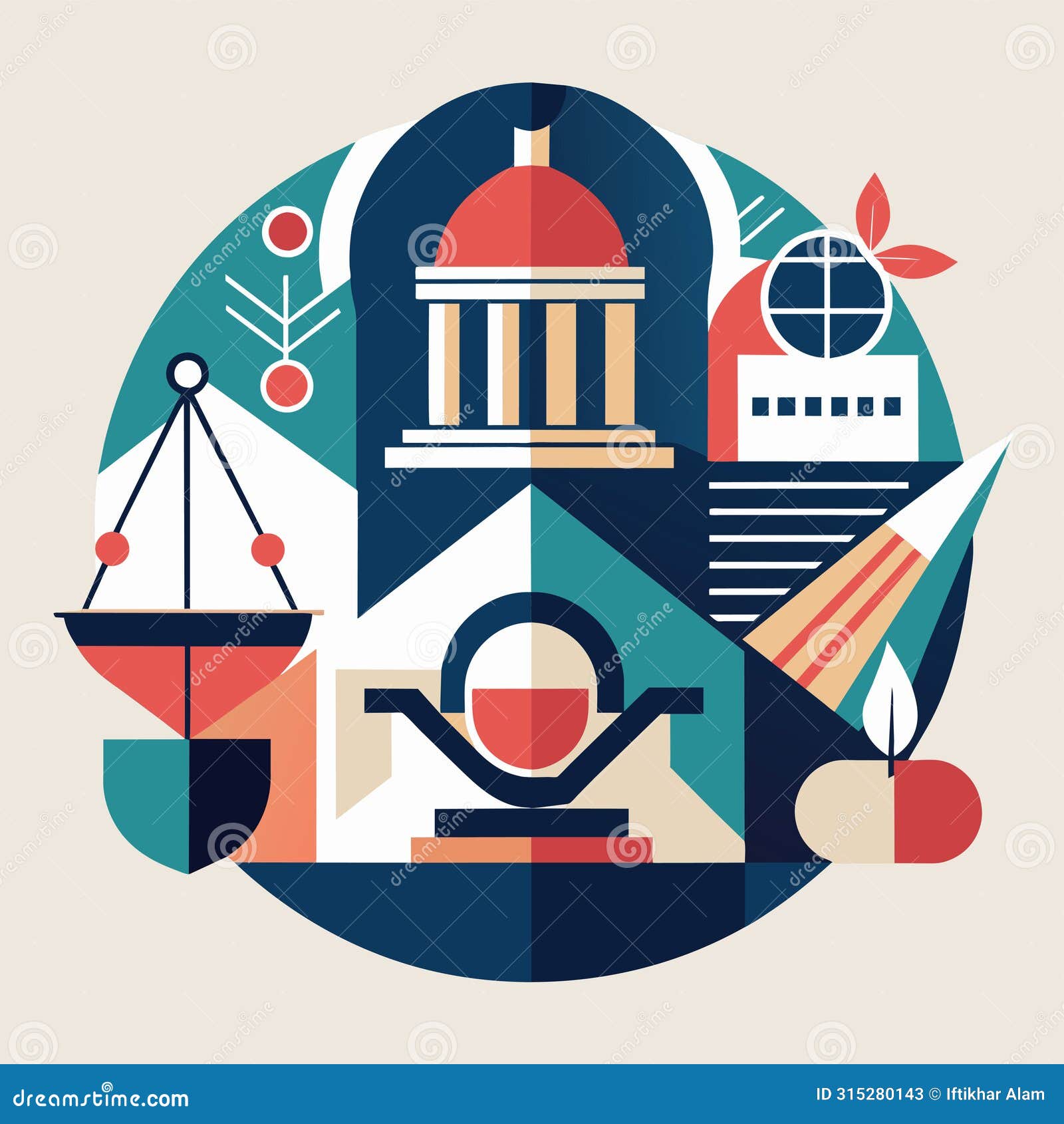 Circle Design Featuring a Building and Various Elements within it, an ...