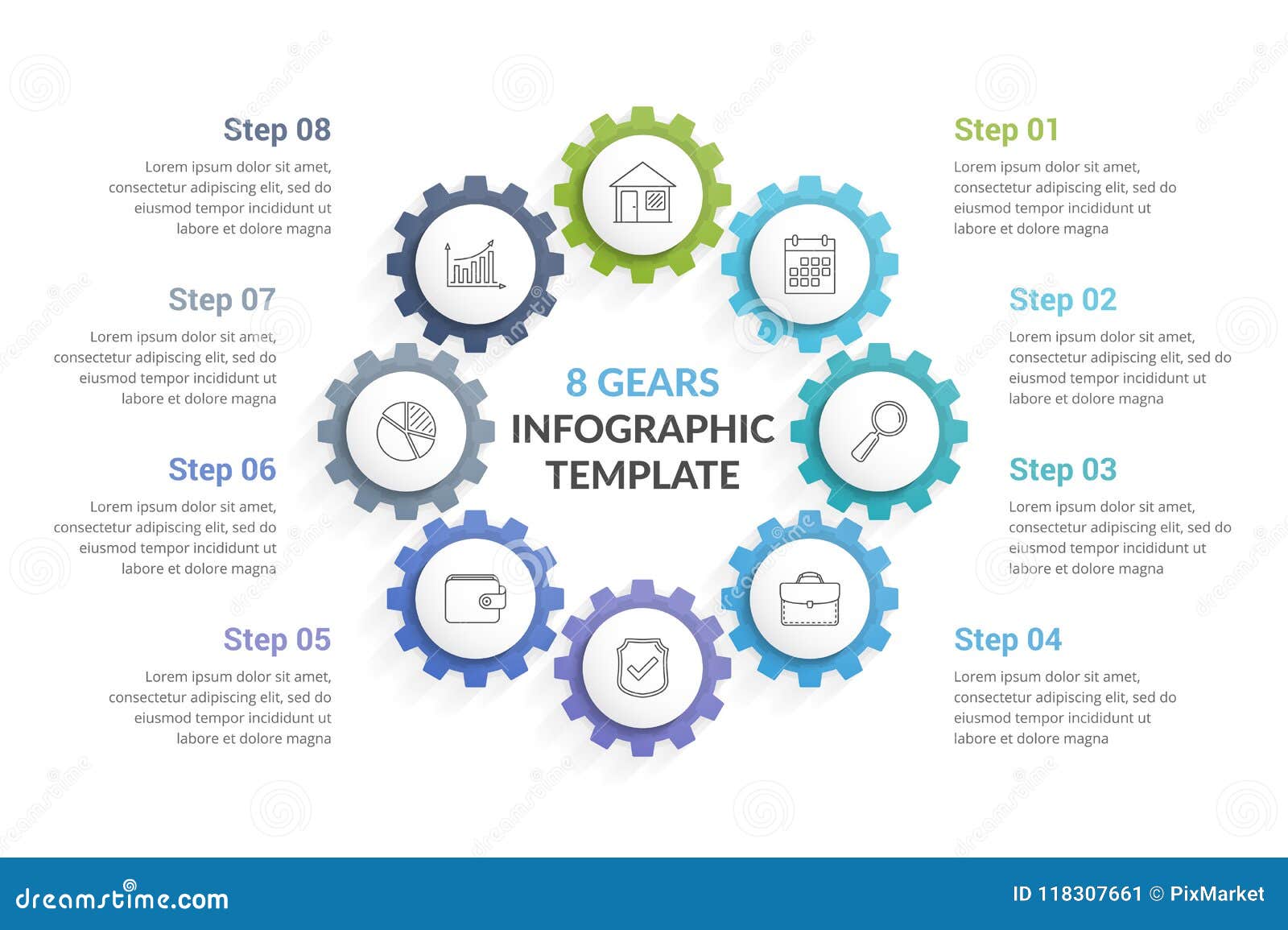 Eight Gears stock vector. Illustration of number, circle - 118307661