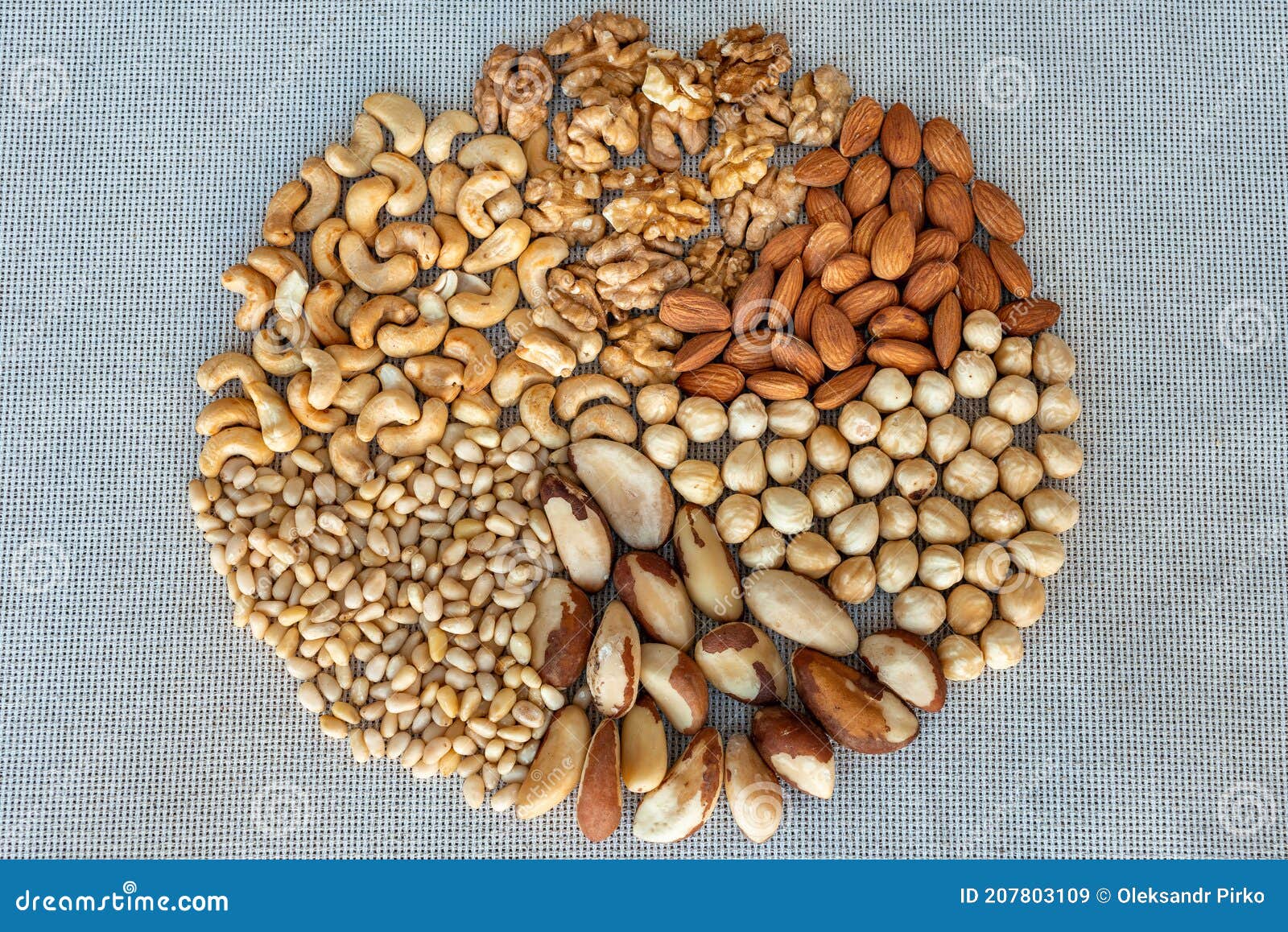 A Circle of Different Nuts on Linen Fabrics, Closeup Stock Image ...