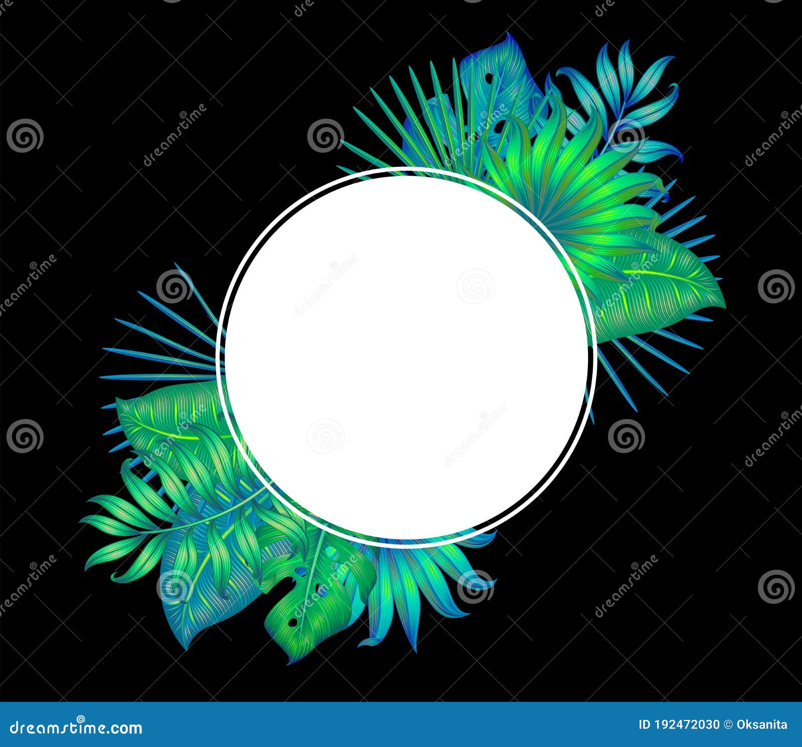 CIrcle with Different Tropical Leaves Isolated on Black. Vector ...
