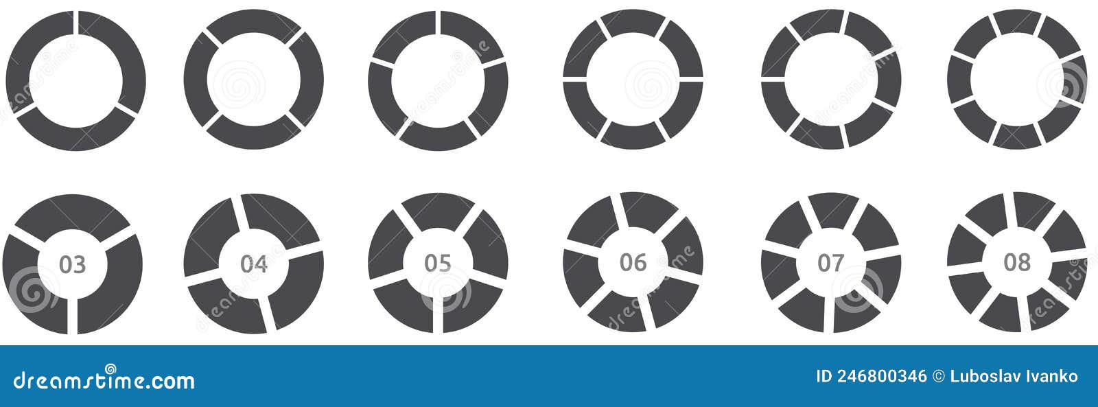 Circle Divided into Equal Parts, Multiple Versions with Three To Eight ... Circle Divided into Equal Parts, Multiple Versions with Three To Eight ...