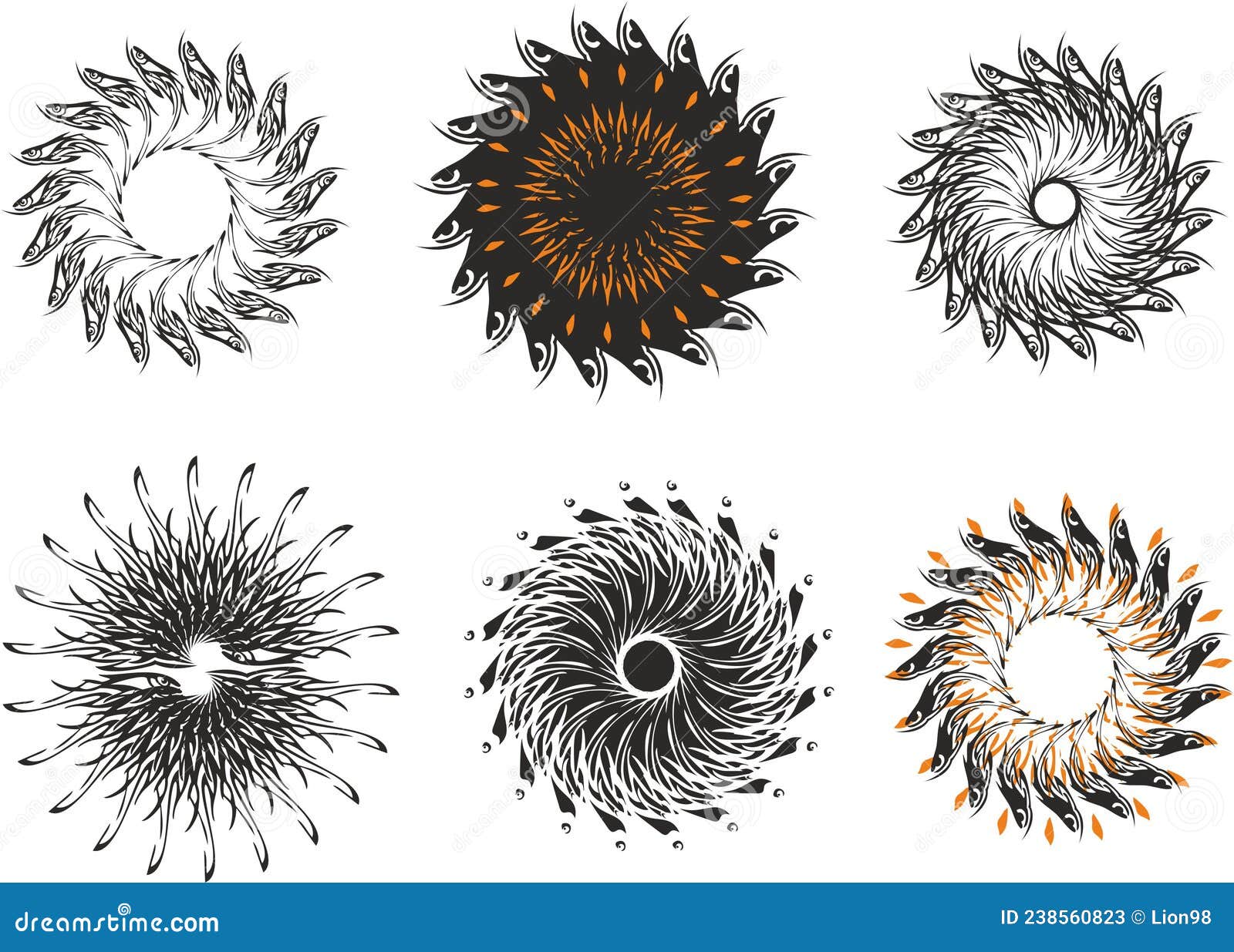 Circle Fish Frames or Flowers in Black-orange Tones on a White ...