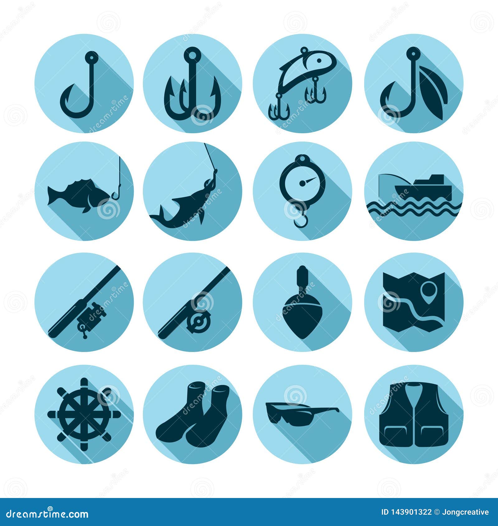 Circle Fishing Equipment Tools Icon Collection Set Stock Vector ...