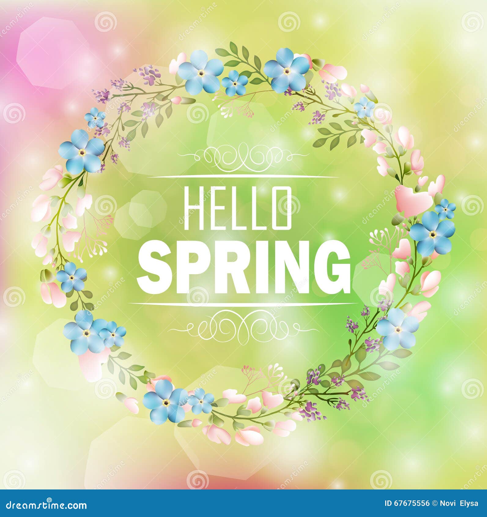Circle Floral Frame with Text Hello Spring and Bokeh Background Stock ...