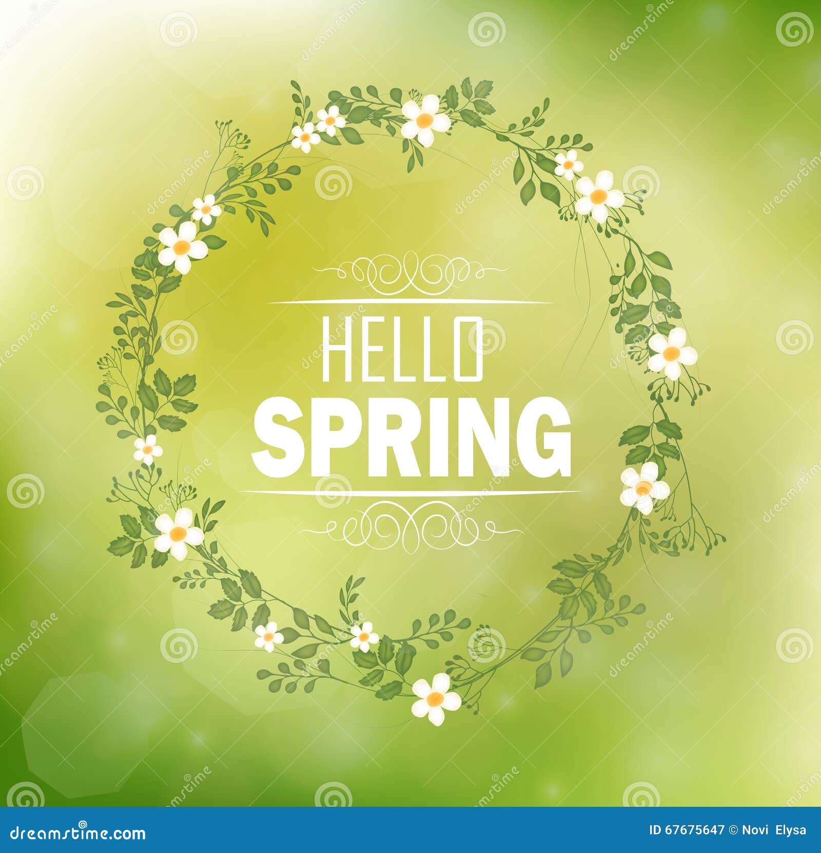 Circle Floral Frame with Text Hello Spring and Bokeh Background Stock ...