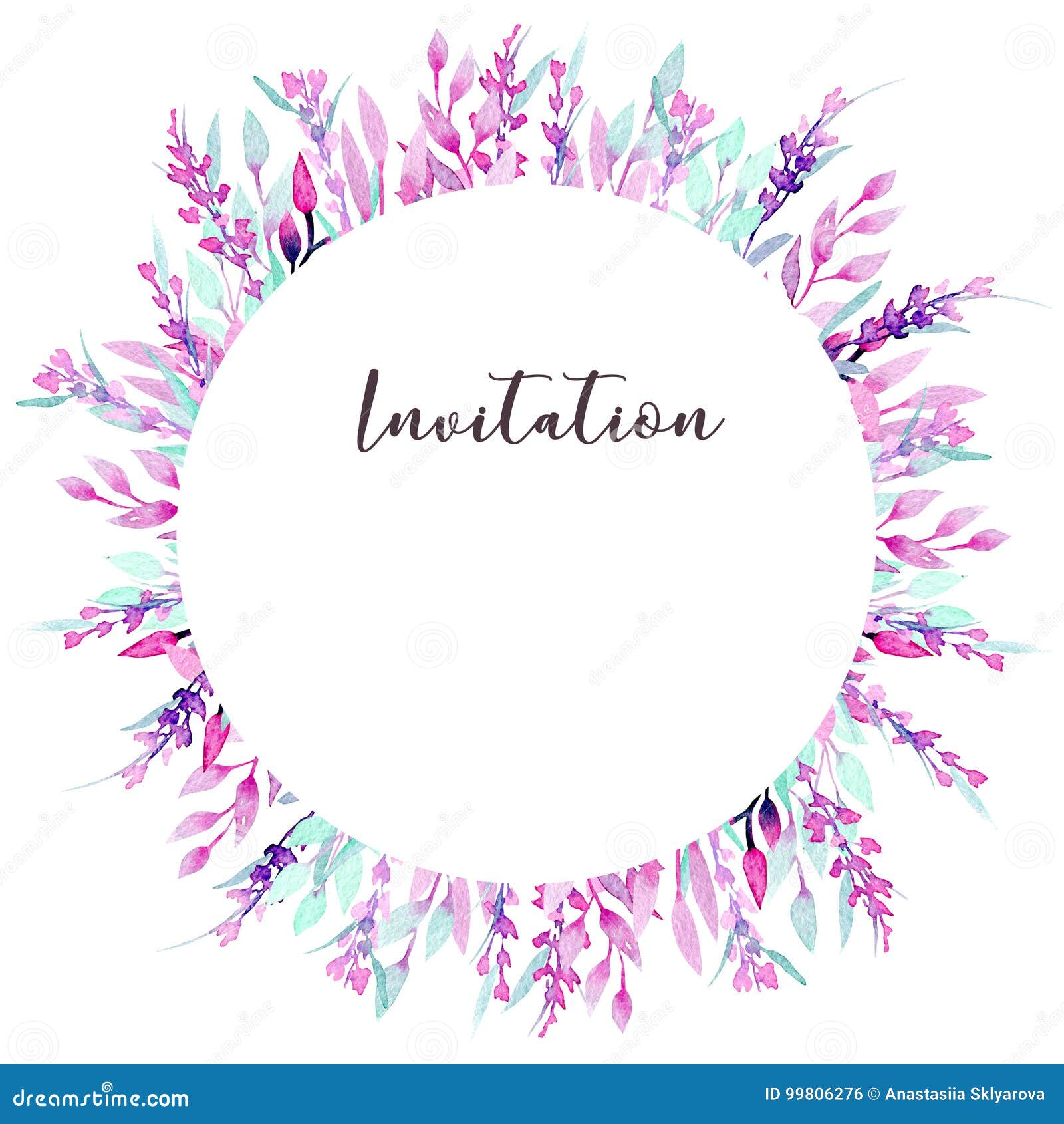 Circle Frame Border with Simple Watercolor Pink and Mint Branches and ...