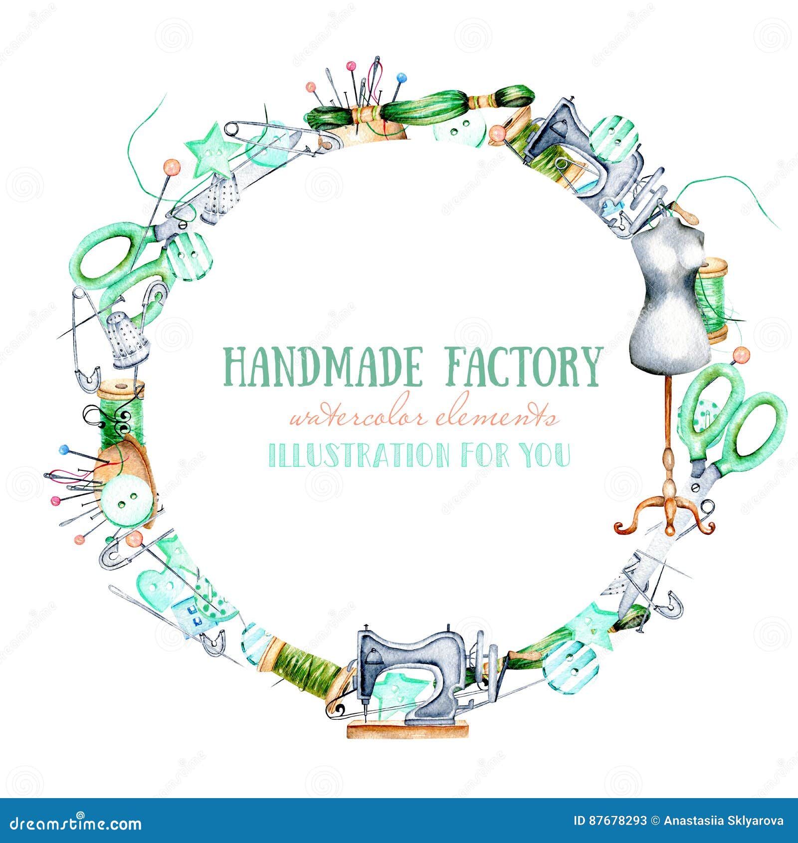 Watercolor Sewing Machine, Needle, Buttons, Peonies. Stock Illustration ...