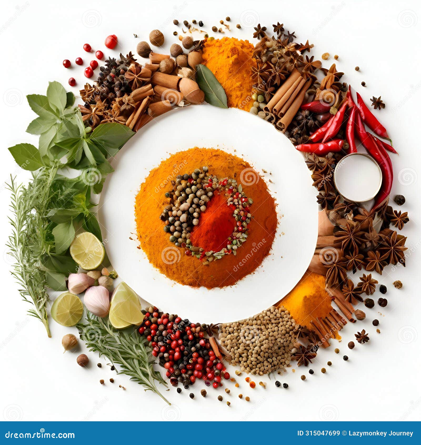 Circle Frame Composition of Spices and Herbs Isolated on White ...