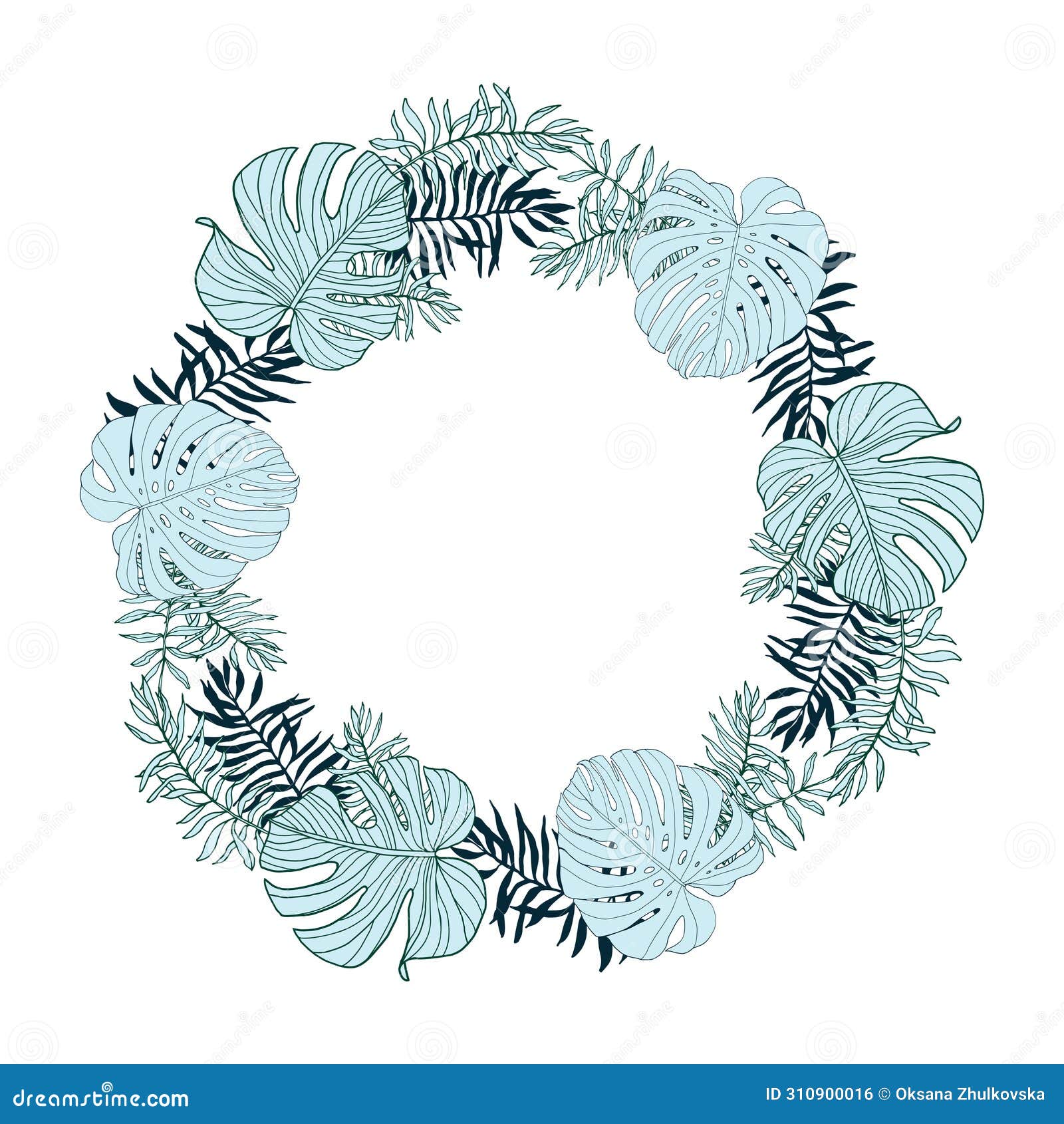 Circle Frame with Tropical, Jungle Leaves, Hand Drawn Stock Vector ...