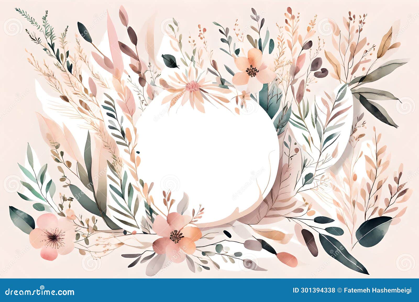 Circle Frame with Watercolor Flowers in Boho Style Stock Illustration ...