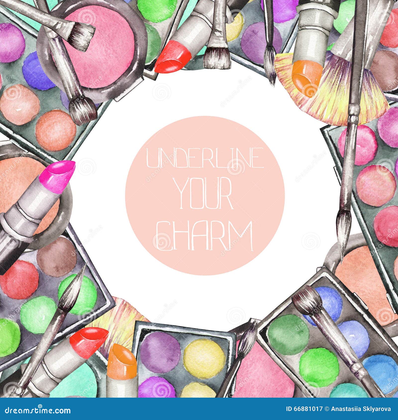 A Circle Frame with the Watercolor Makeup Tools: Blusher, Eyeshadow ...
