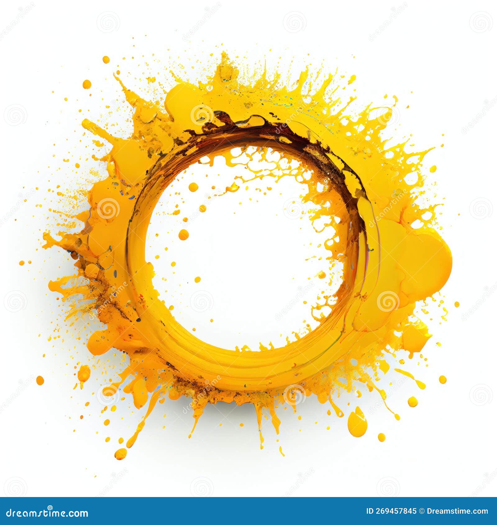 A Circle Frame with Yellow Paint Splashes on White Background. Stock ...