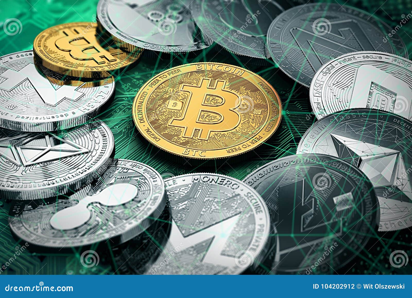 A Circle with a Golden Bitcoin Inside Huge Stack of Cryptocurrencies ...