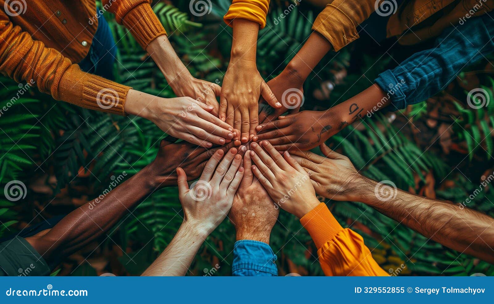 Group of Diverse Hands Joining Together in a Circle Surrounded by Lush ...