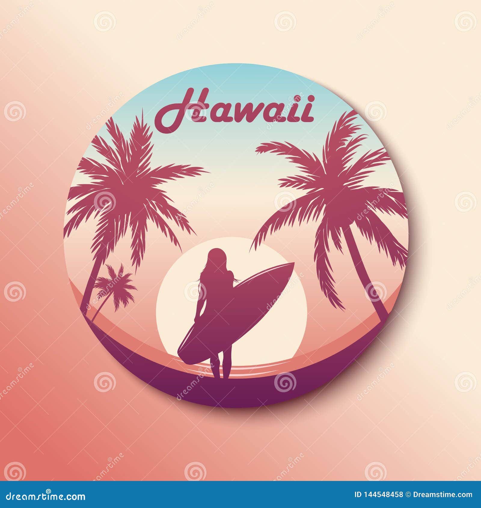 Circle Hawaii Sticker. Surfing Girl. with Shadow Stock Vector ...