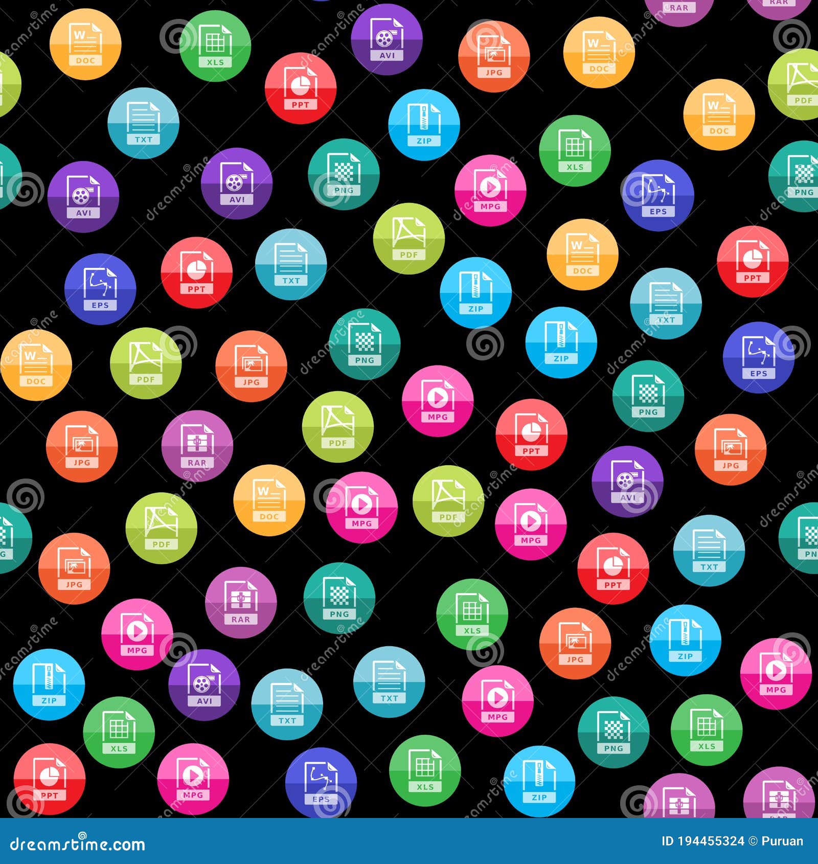Circle Icons - File Formats 12 Seamless Pattern. Stock Vector ...