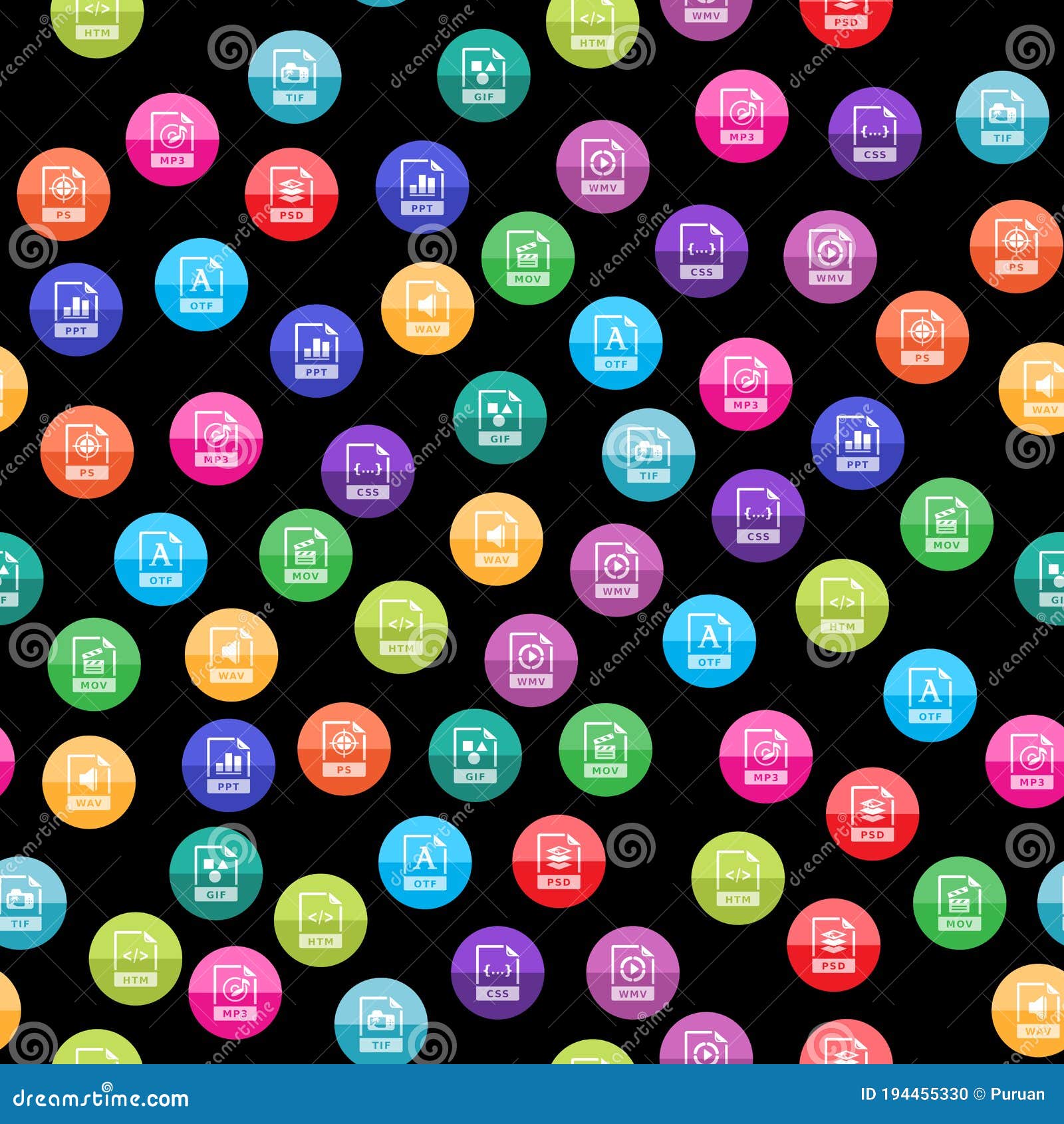 Circle Icons - File Formats 13 Seamless Pattern. Stock Vector ...