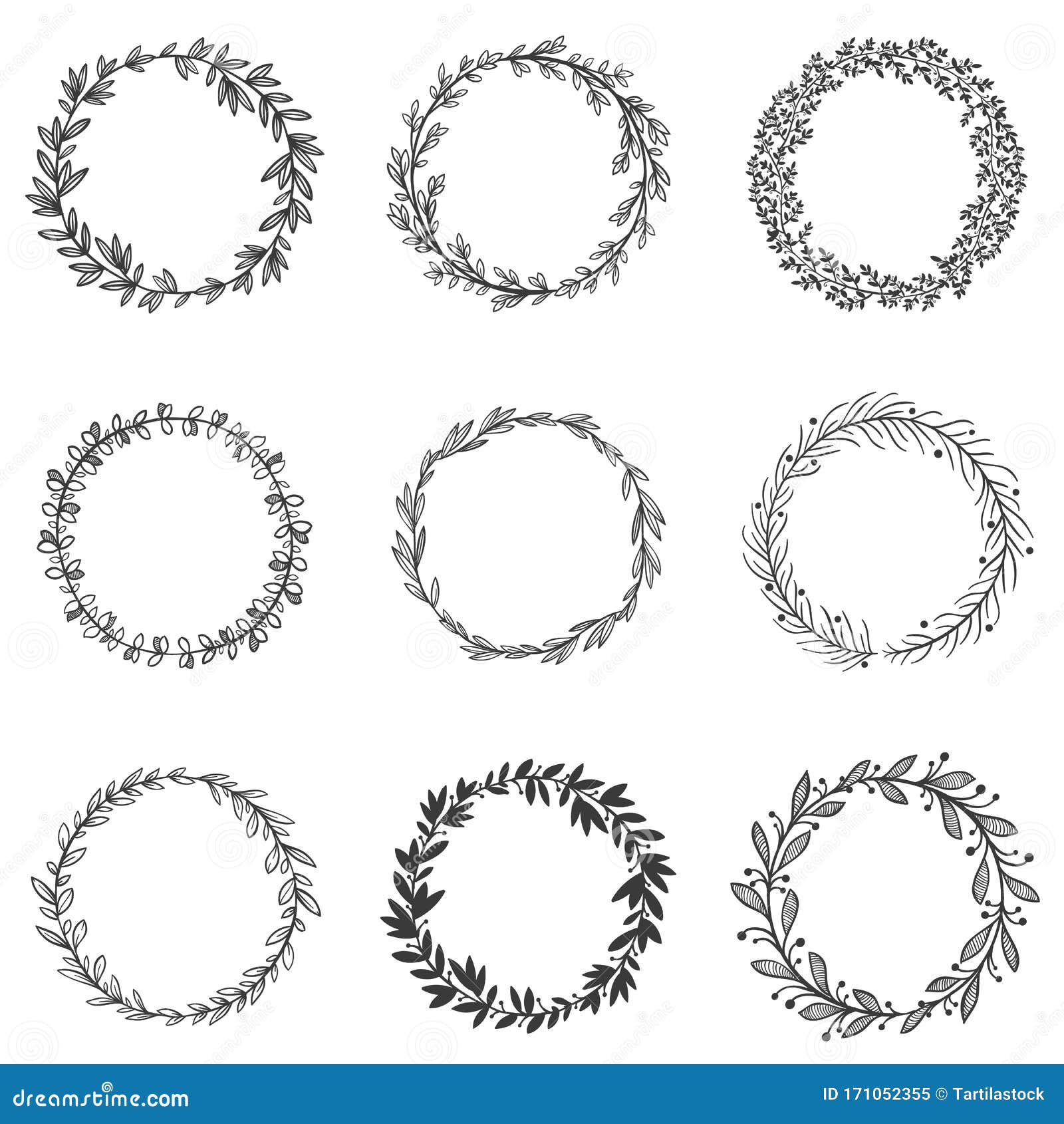 Circle Leaf Frames. Round Branches with Leafs, Hand Drawn Floral Frame ...