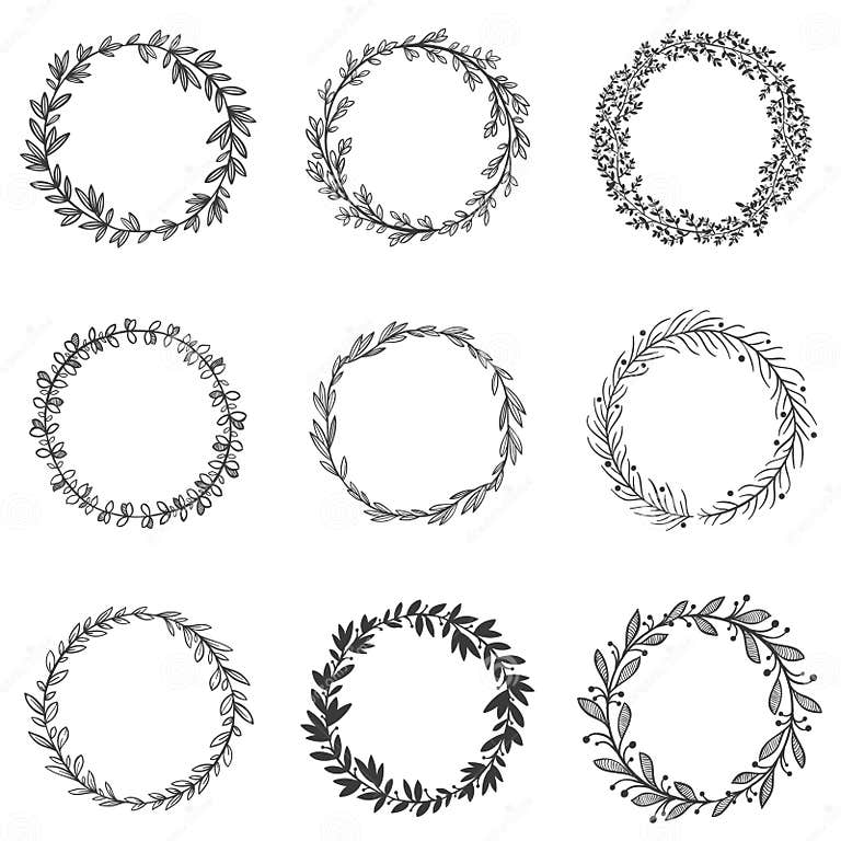 Circle Leaf Frames. Round Branches with Leafs, Hand Drawn Floral Frame ...