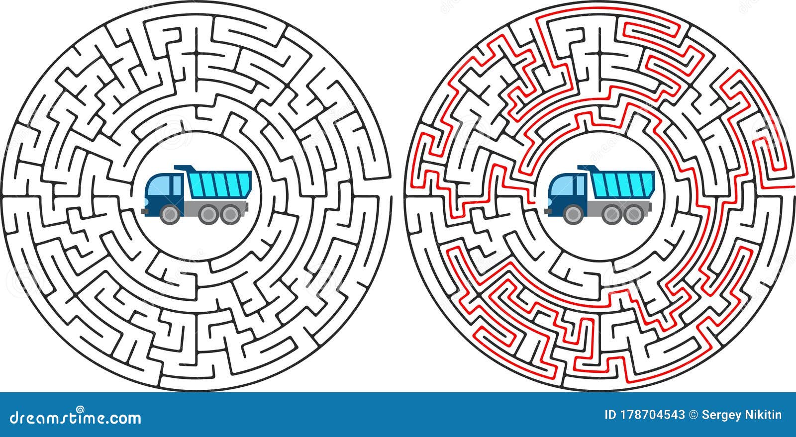 Circle Maze with Solution. Labyrinth with Entry and Exit. Find the Way ... Circle Maze with Solution. Labyrinth with Entry and Exit. Find the Way ...