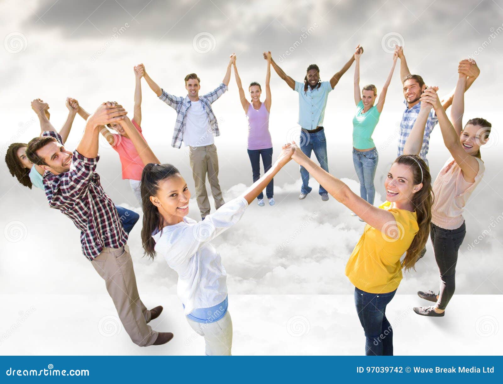 Circle of People Holding Hands Together in Clouds Stock Photo - Image ...