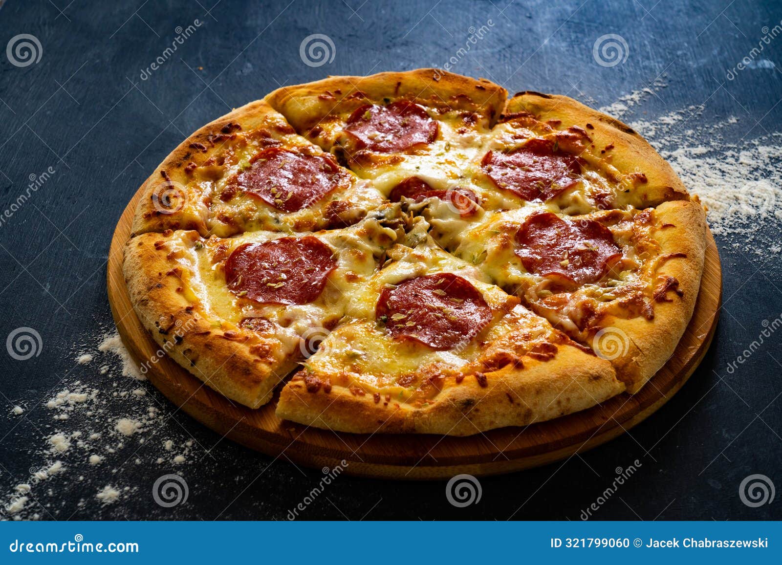 Circle Pepperoni Pizza with Mozzarella Cheese on Black Wooden Table ...