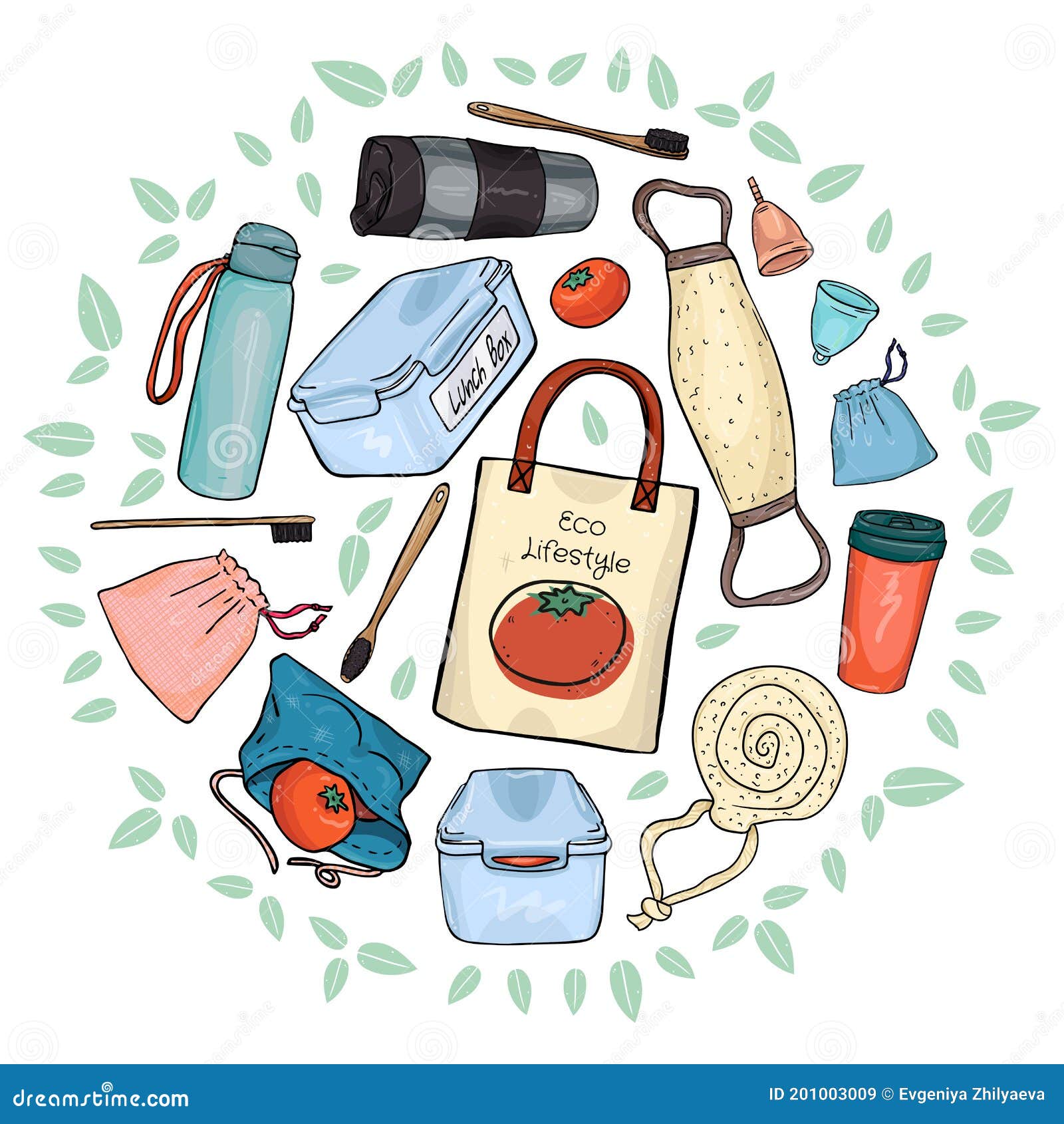 Circle Set of Hand-drawn Eco-friendly Objects Isolated in White ...