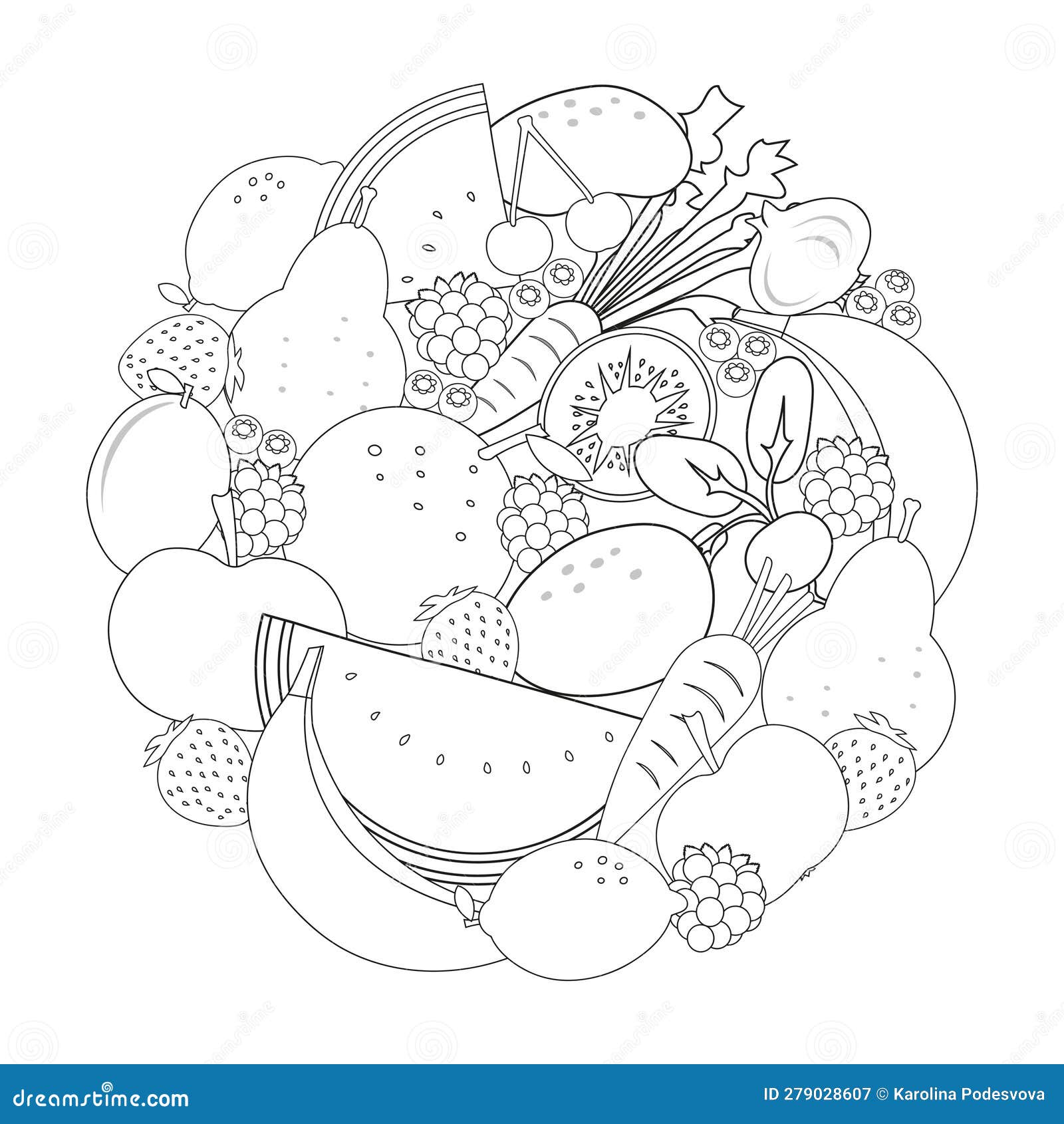 Circle Shape Doodle Coloring Page with Fruit and Vegetables. Activity ...