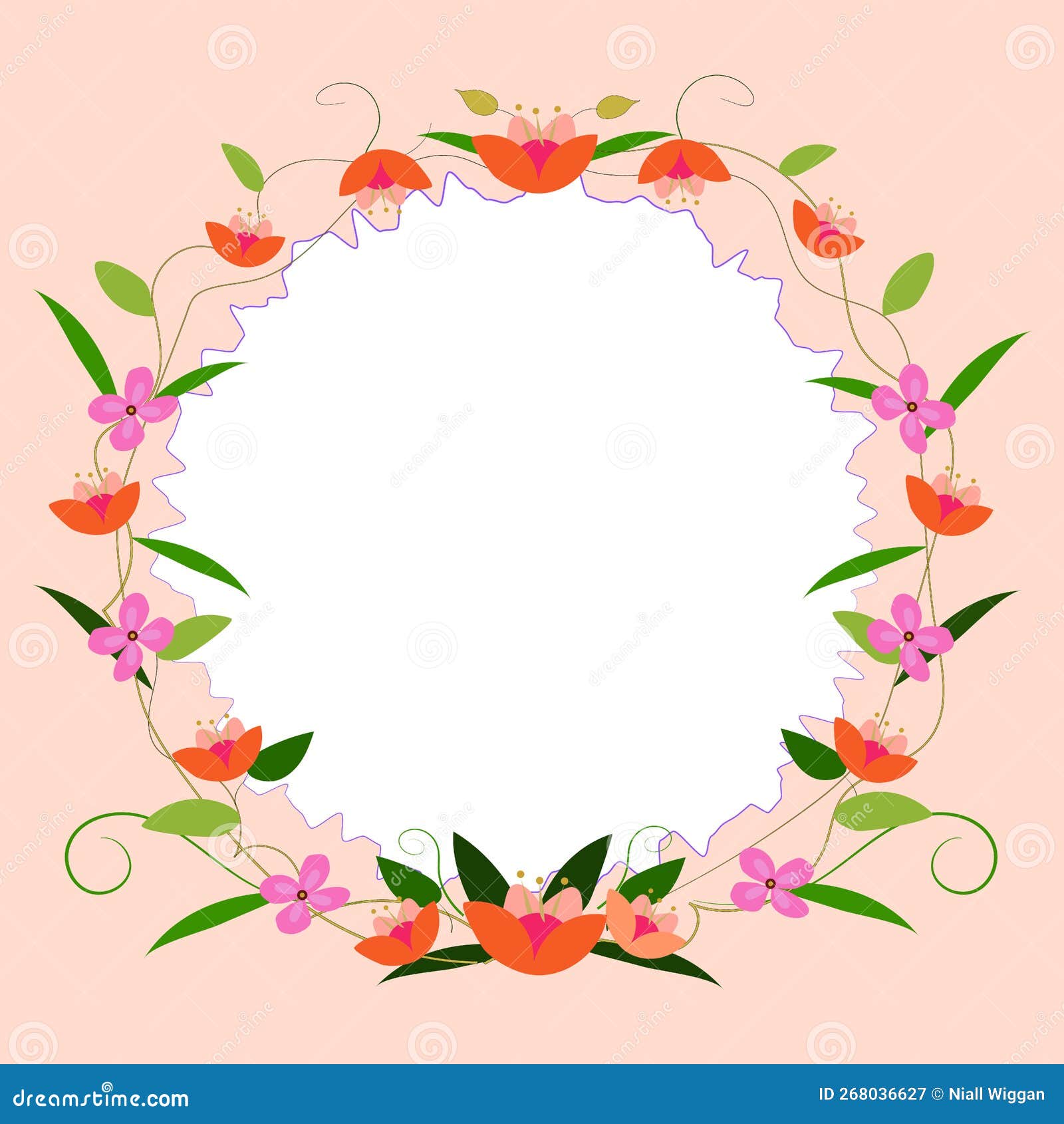 Circle Shape Orange Color. Text Frame Surrounded with Assorted Flowers ...