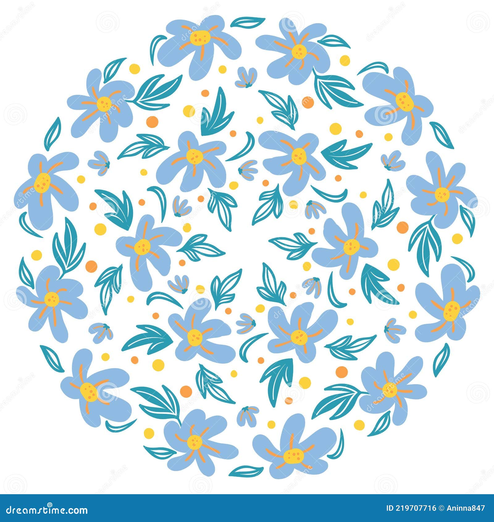 Circle of Simple Light Blue Flowers with Leaves Stock Vector ...