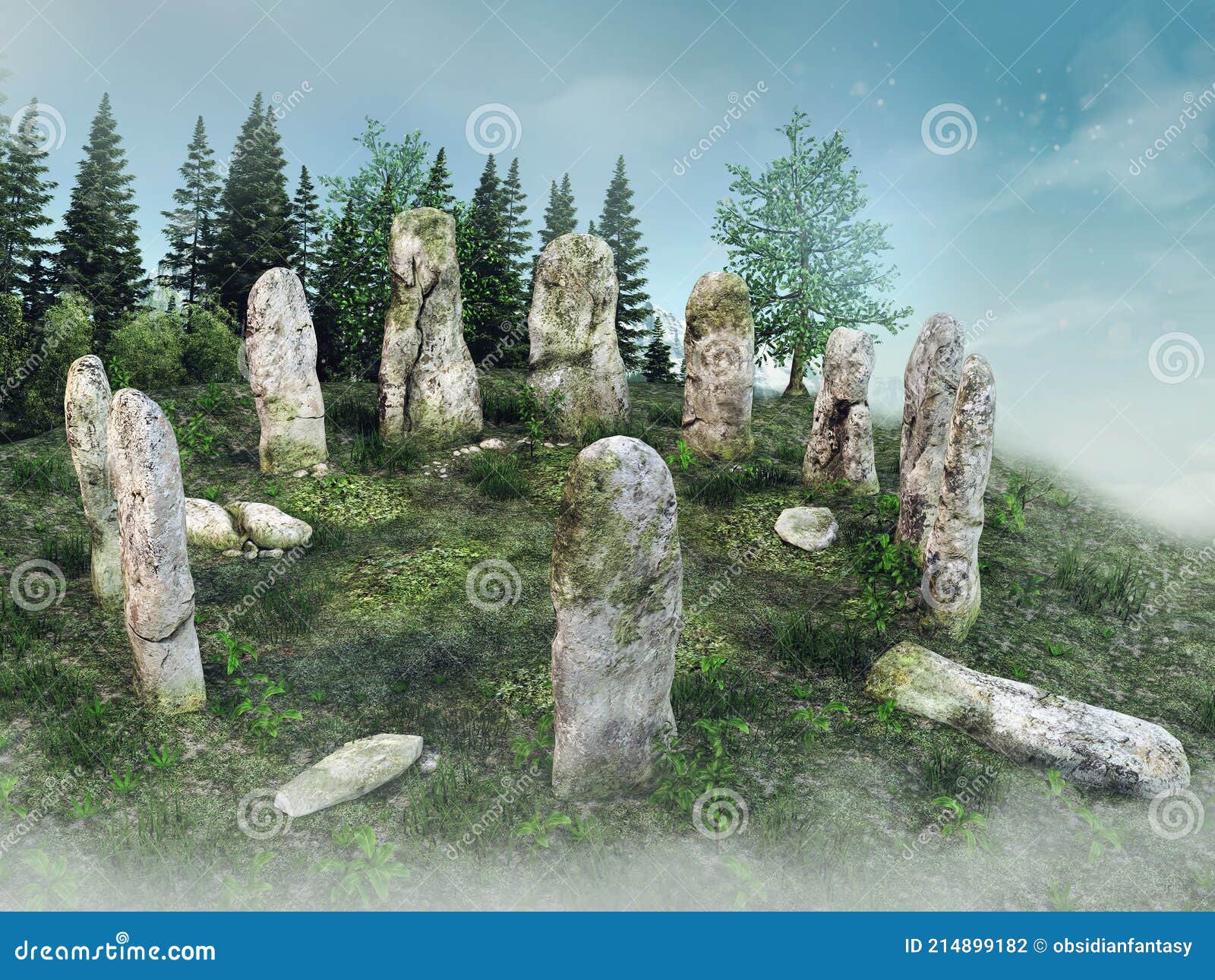 Circle of Stones on a Green Meadow Stock Illustration - Illustration of ...