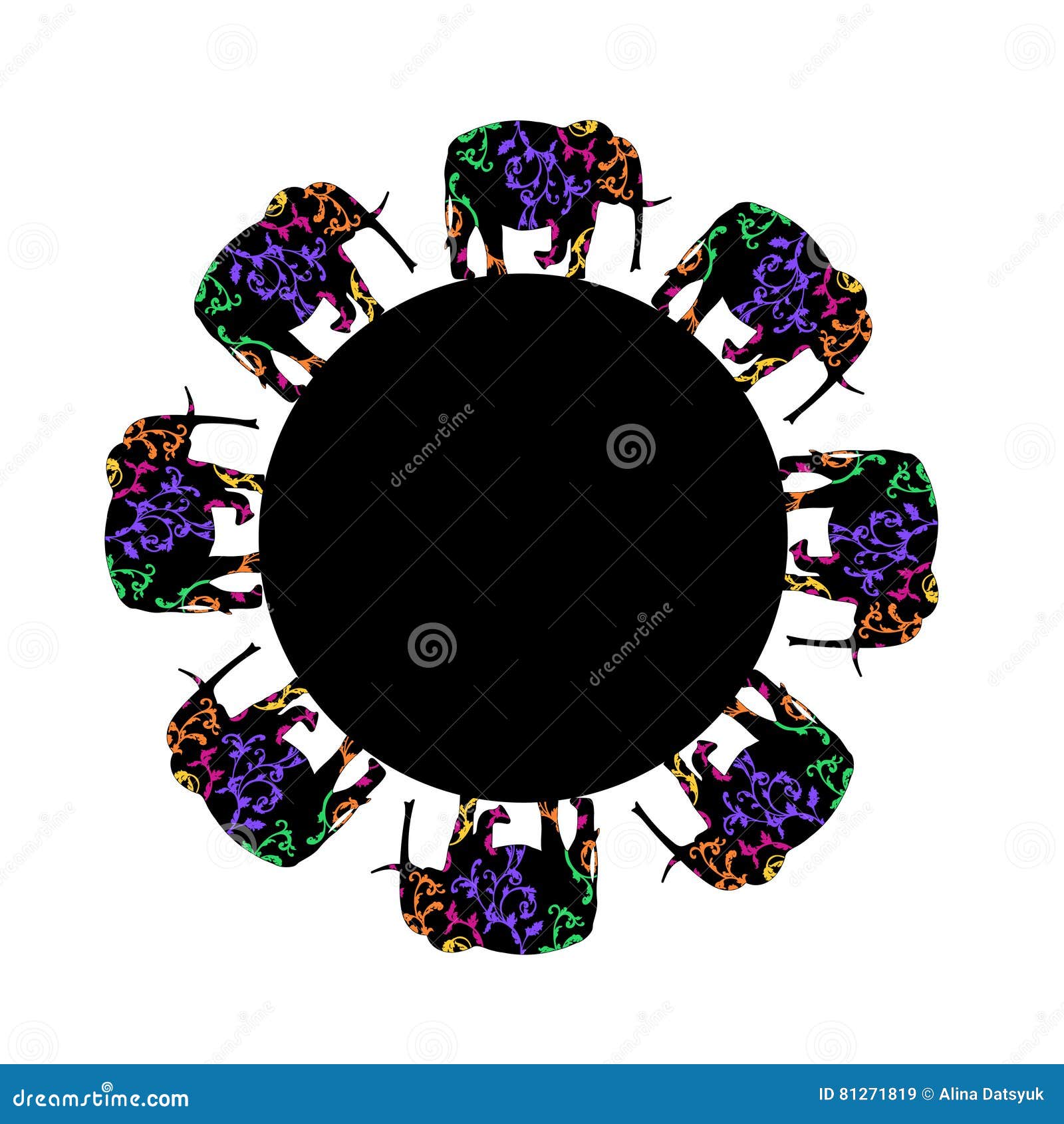Circle with Stylized Patterned Elephants in Indian Style. Stock Vector ...
