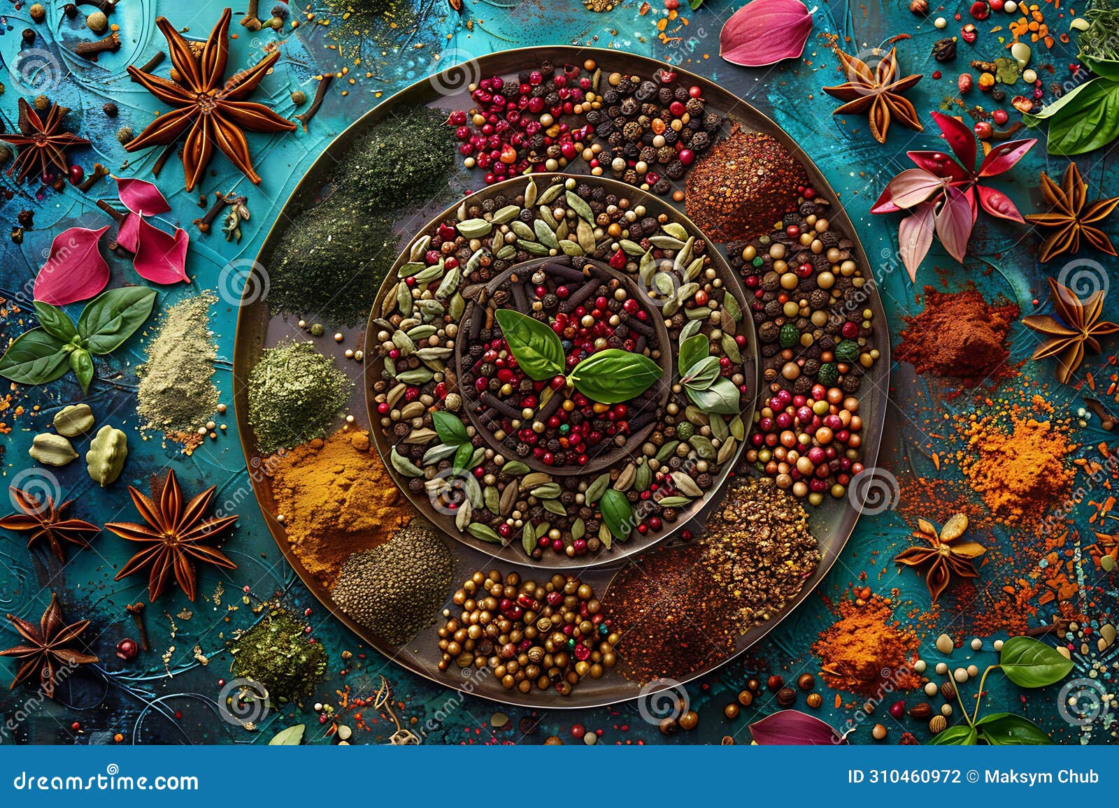 A Circle of Various Spices Arranged on a Table in a Fractal Art Pattern ...