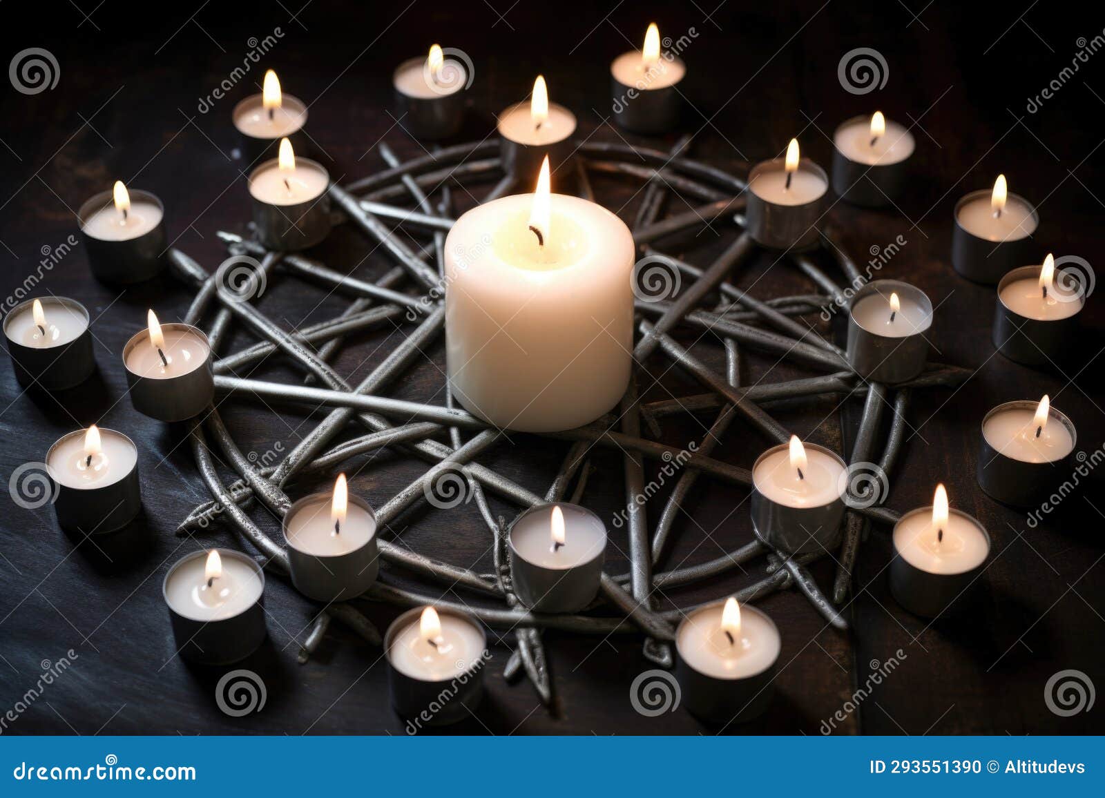 Circle of White Candles Surrounding a Silver Pentacle Stock Photo ...
