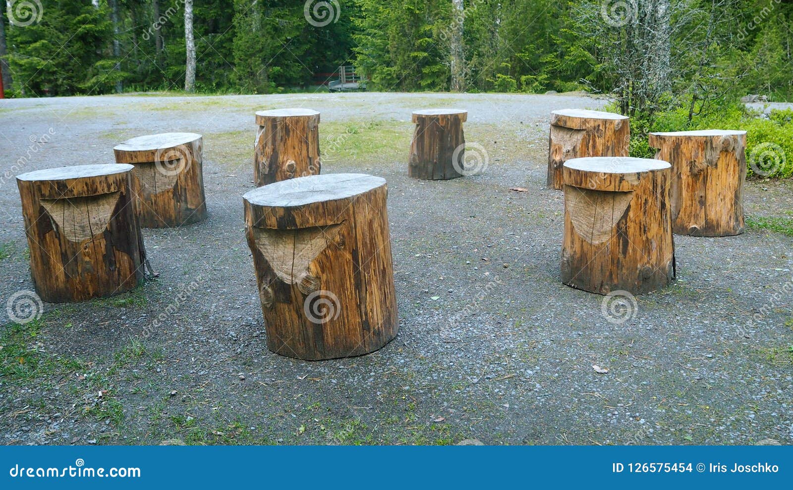 8 Wooden Stools Outside in the Forest Stock Photo - Image of nature ...