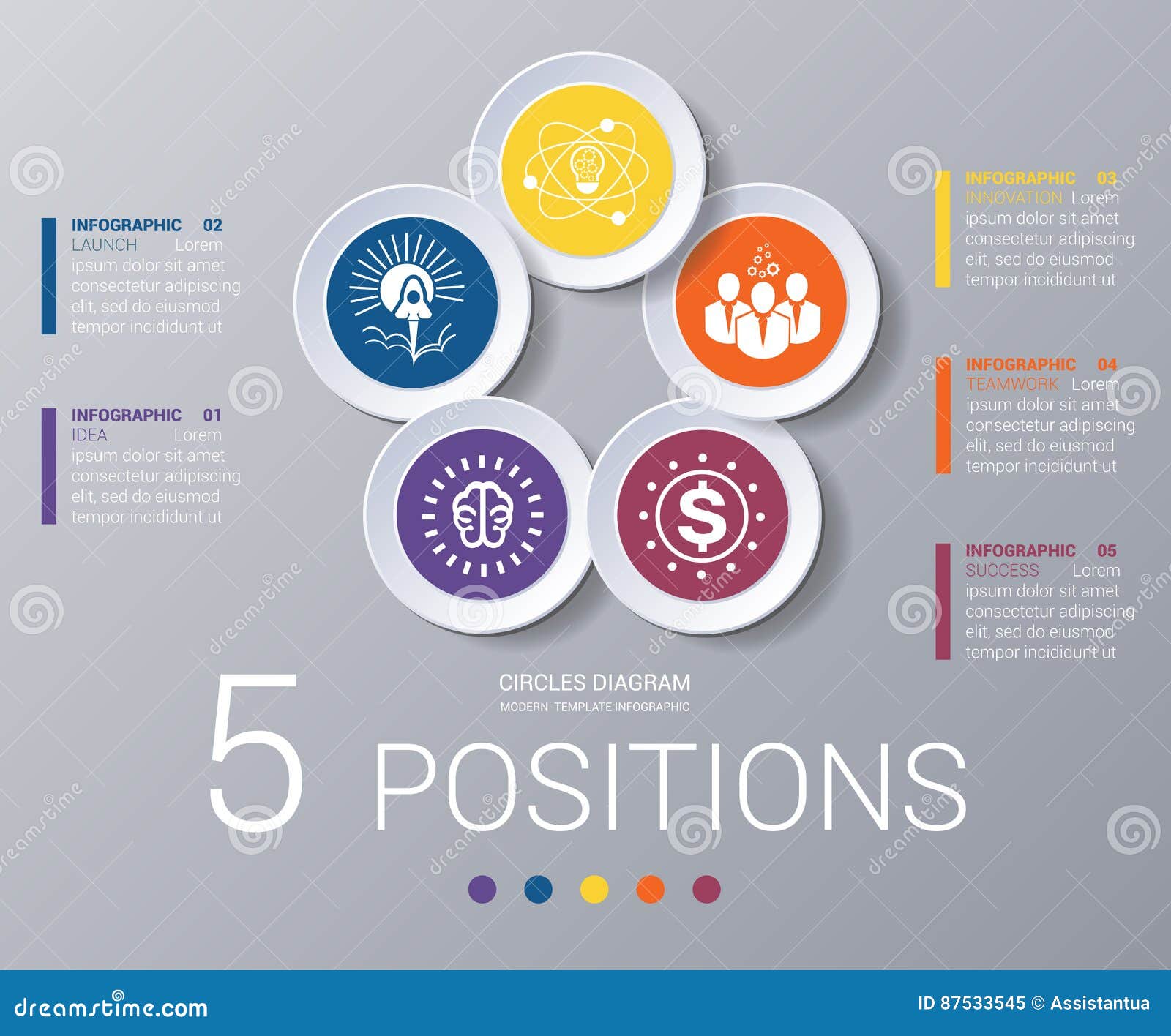 Circles Diagram Elements Template Infographics 5 Positions Cartoon ...
