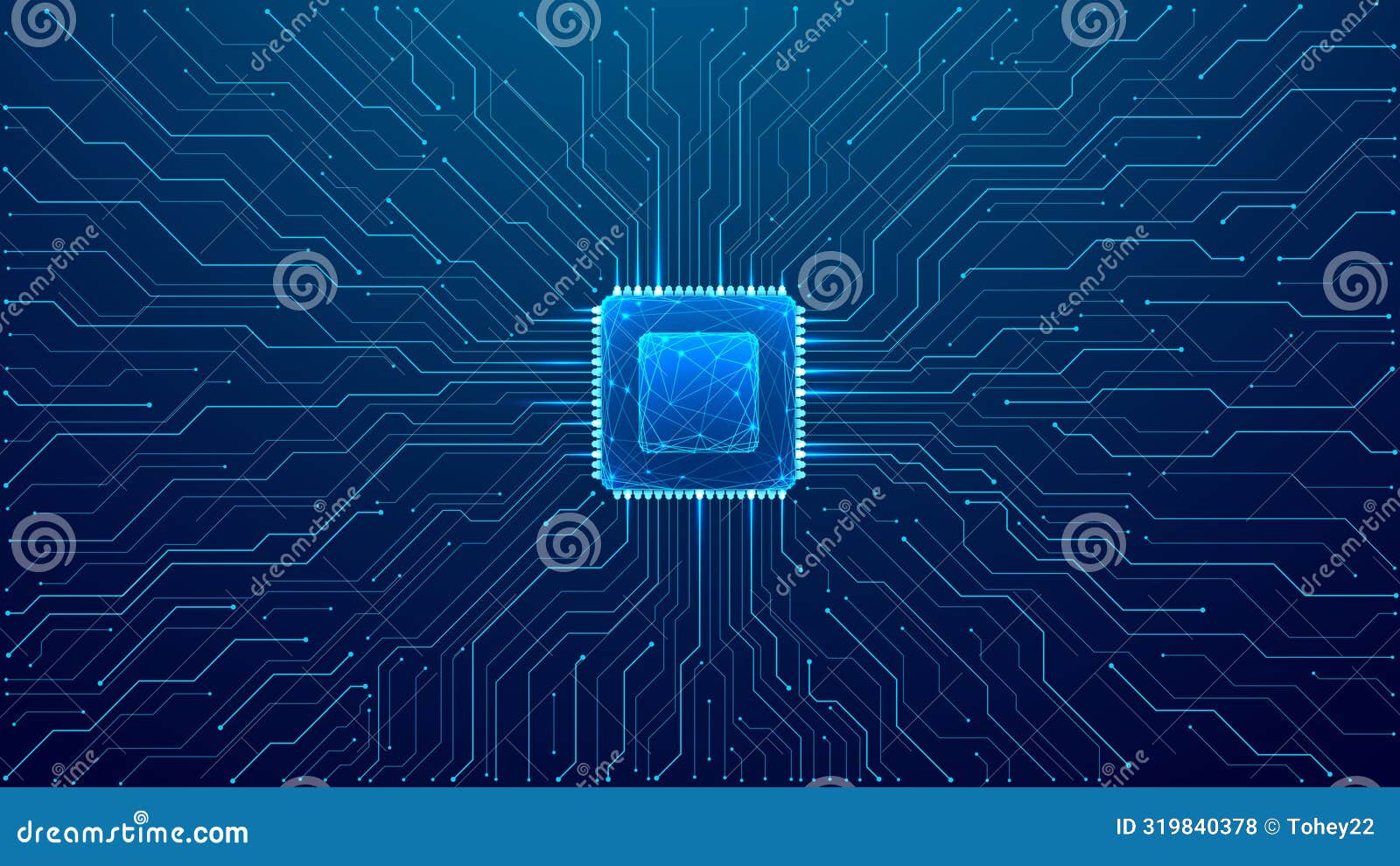 Circuit Background with a Gloving Computer Chip in the Center. Stock ...