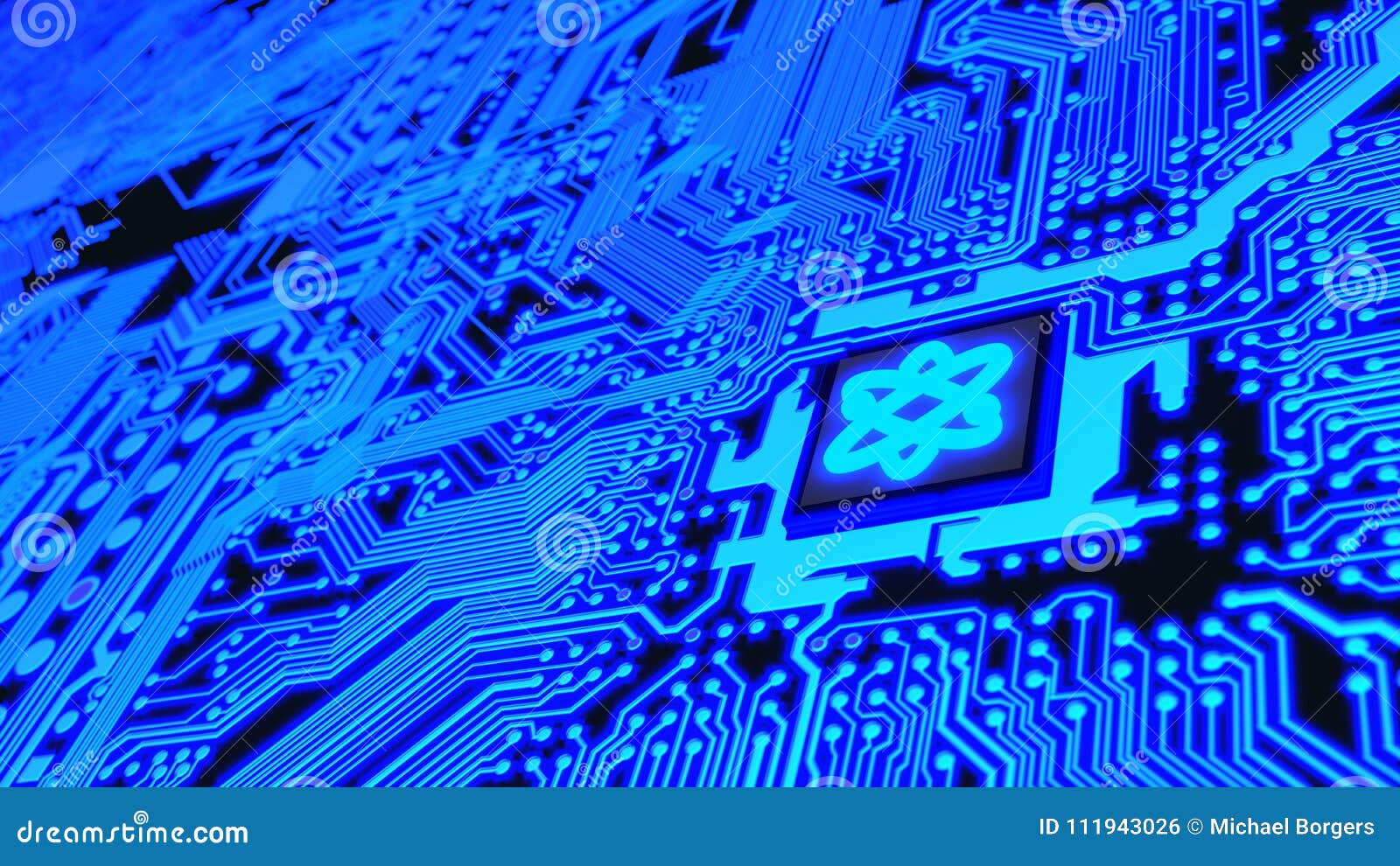 Circuit Board in Blue with a Chip and a Molecule Symbol Quantum Stock ...